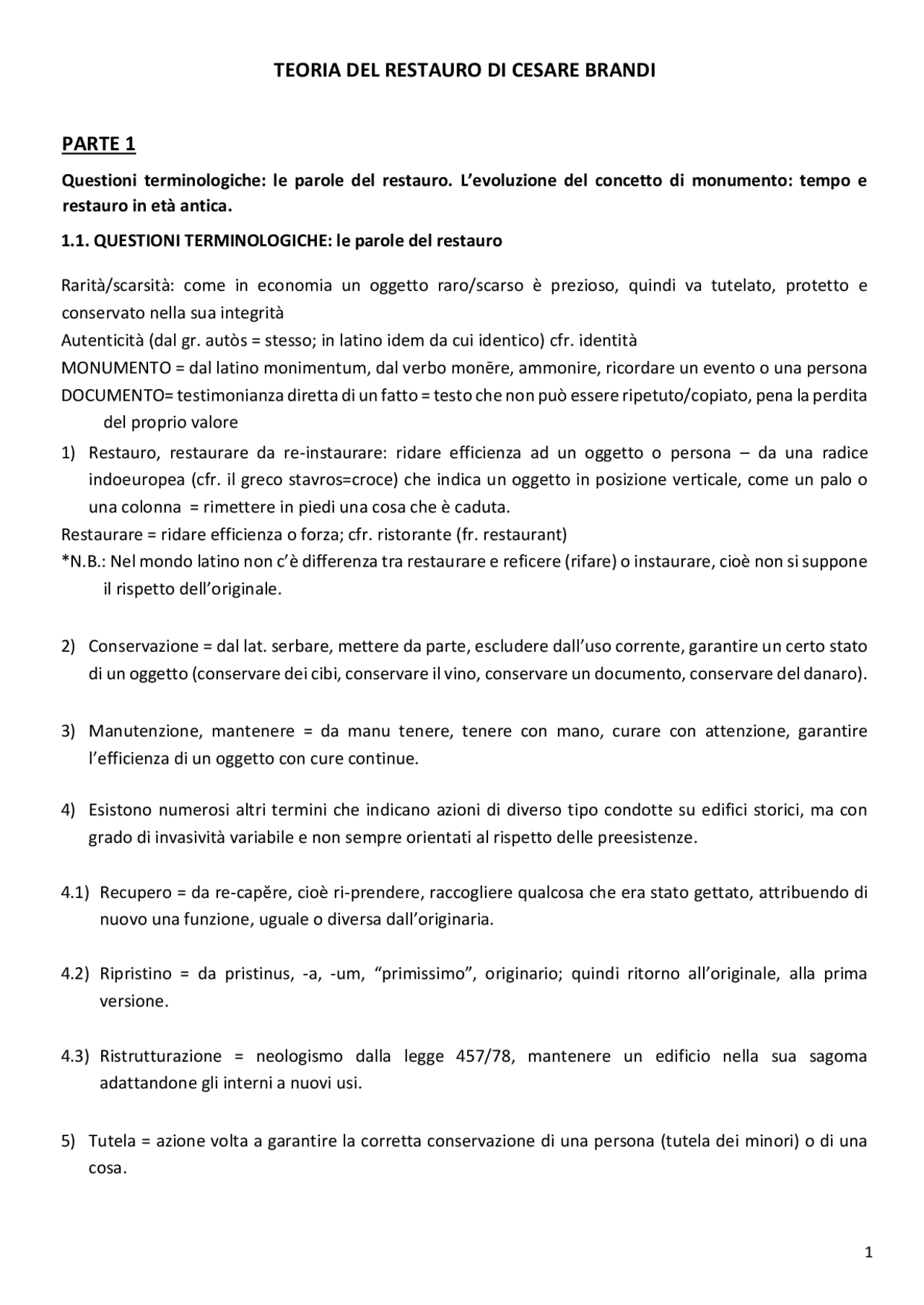RIASSUNTO COMPLETO Teoria del Restauro di Cesare Brandi | Sintesi del ...