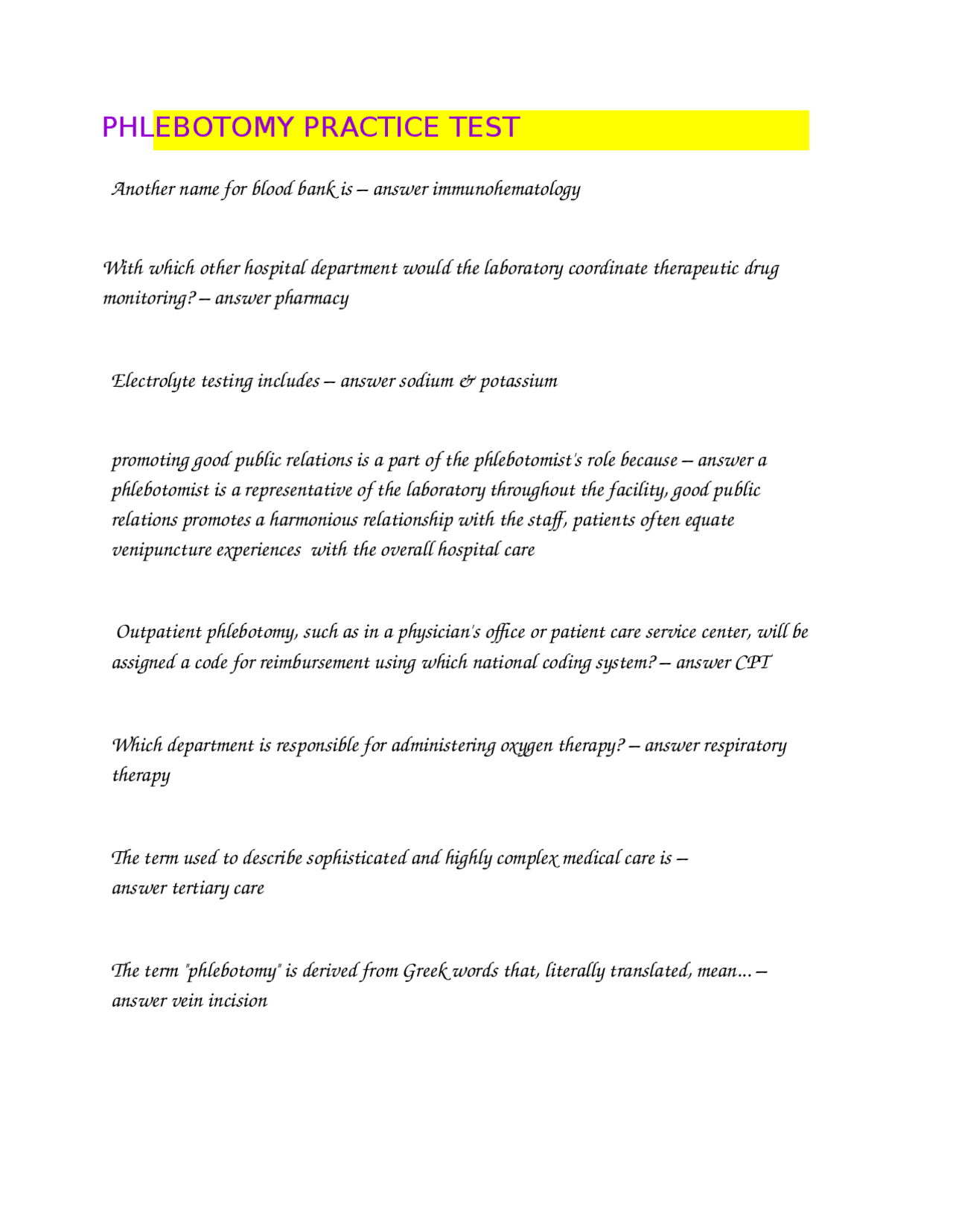 PHLEBOTOMY PRACTICE TEST | Exams Biology | Docsity