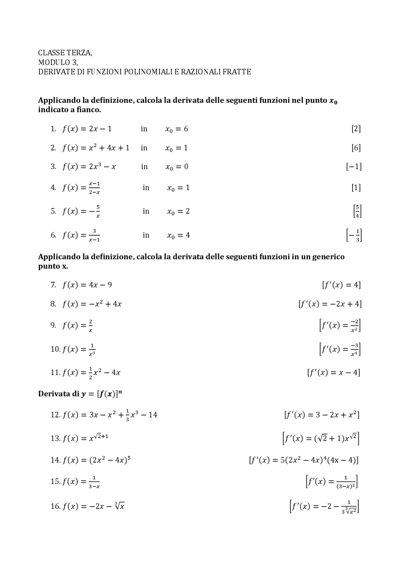 derivate si funzioni fratte | Esercizi di Matematica | Docsity