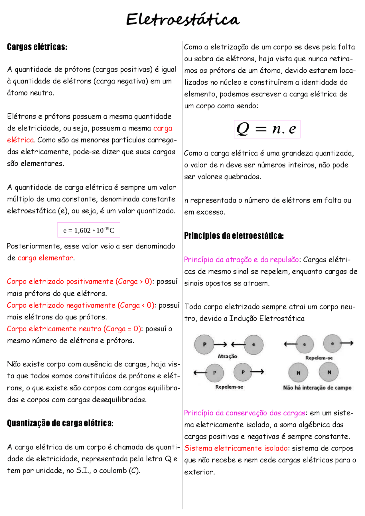 Eletrostática (ENEM e vestibulares) | Notas de estudo Física | Docsity