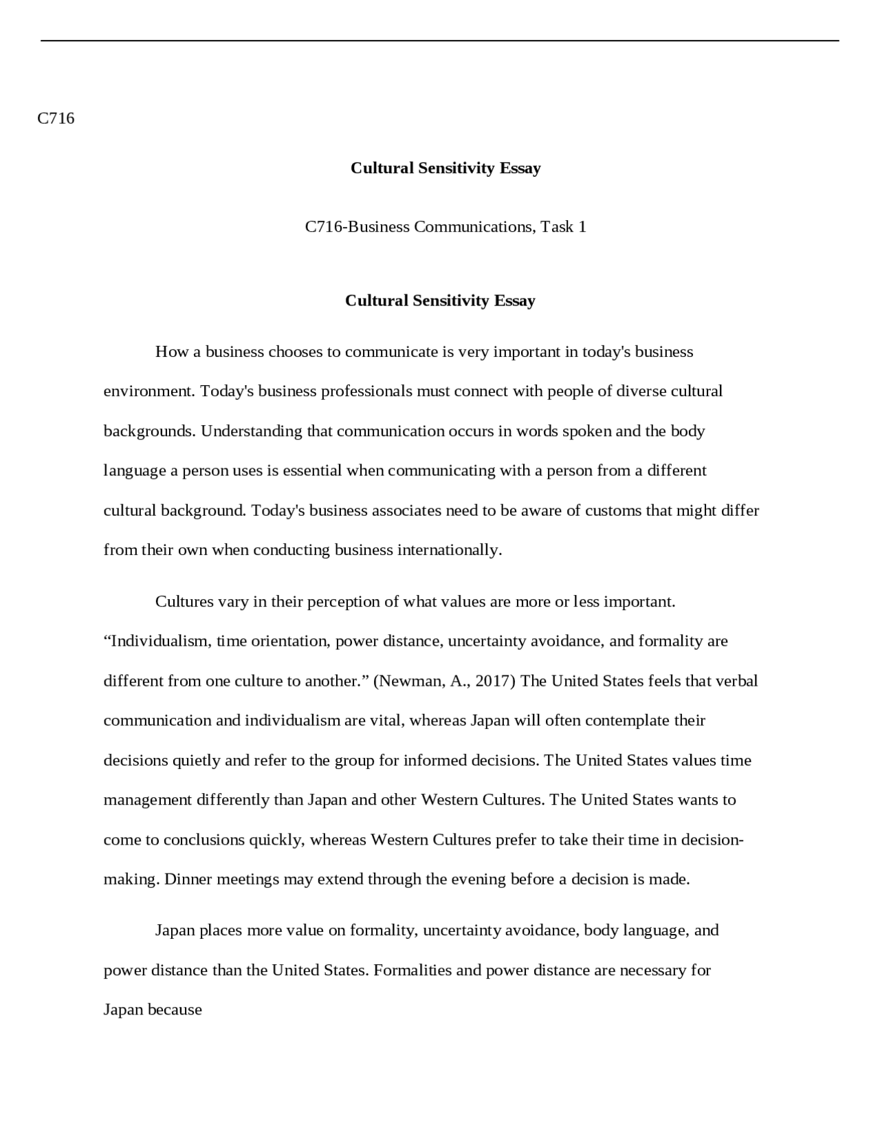 C716 Cultural Sensitivity Essay C716-Business Communications, Task 1 ...