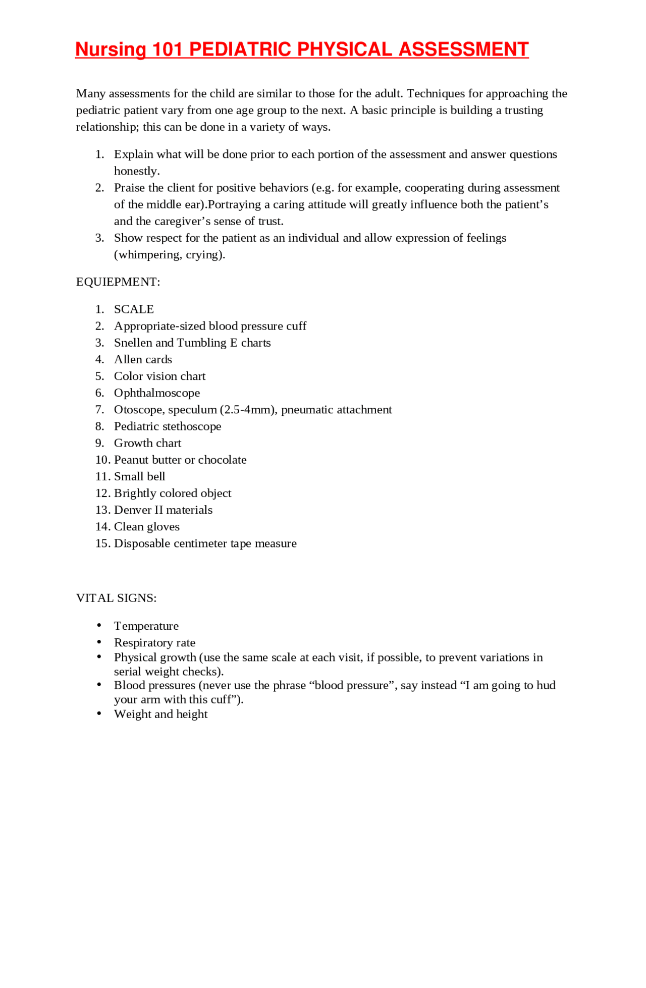 Pediatric Physical Assessment Techniques | Exams Nursing | Docsity