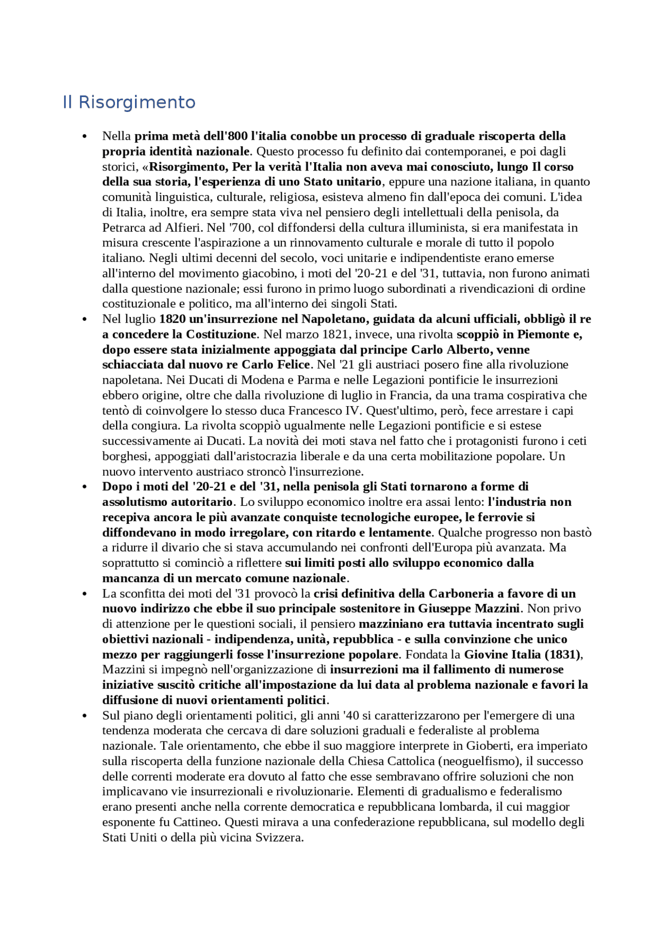Riassunto sul risorgimento | Schemi e mappe concettuali di Storia Contemporanea | Docsity
