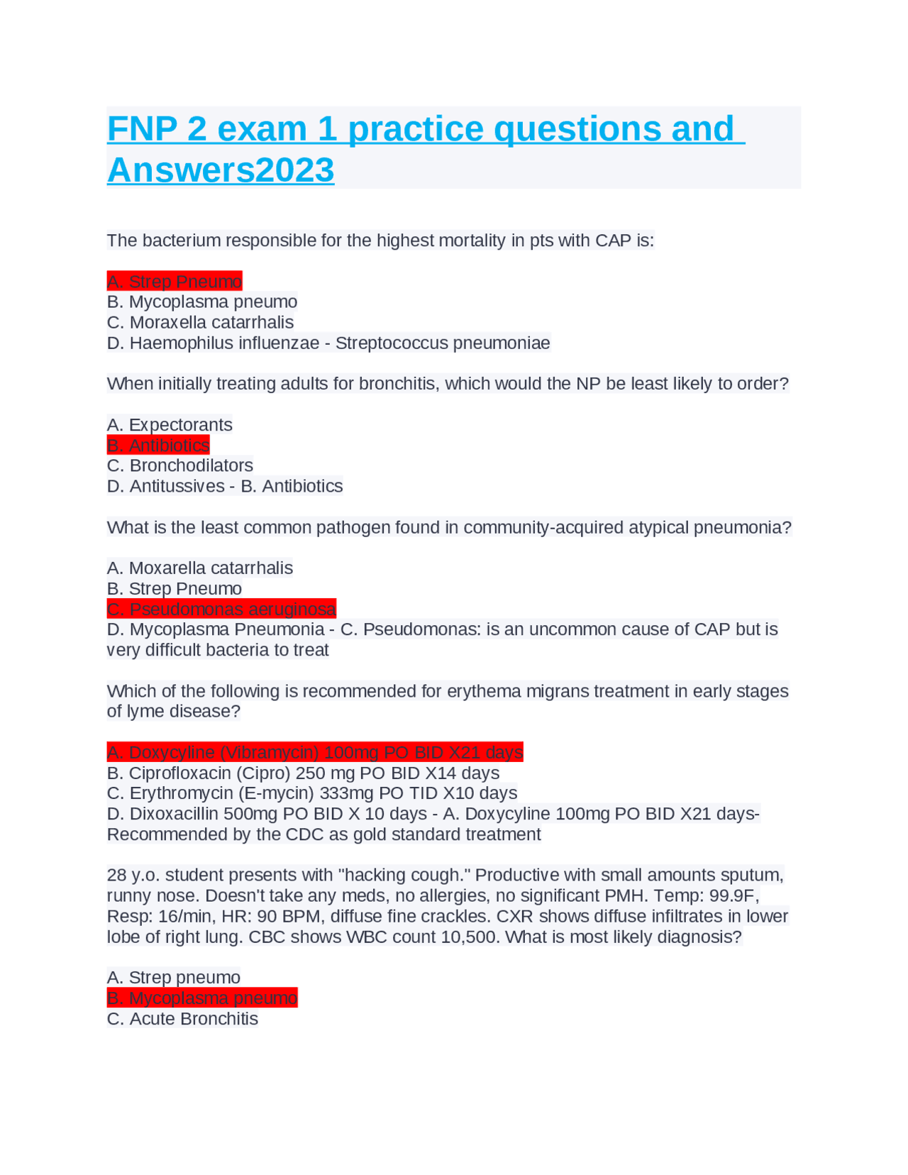 FNP 2 exam 1 practice questions and Answers2023. | Exams Nursing | Docsity
