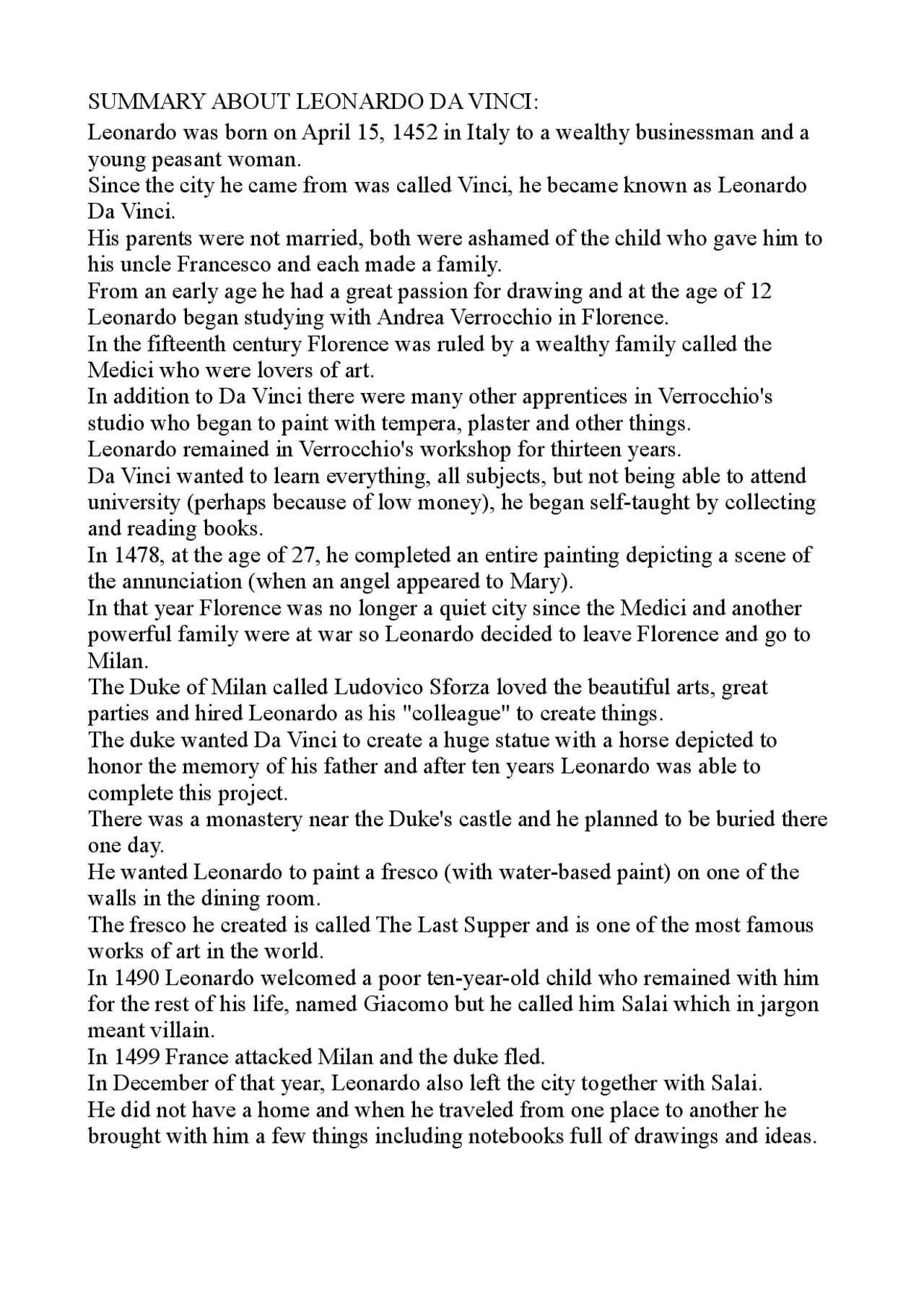 Leonardo Da Vinci Summary Schemi E Mappe Concettuali Di Inglese Docsity