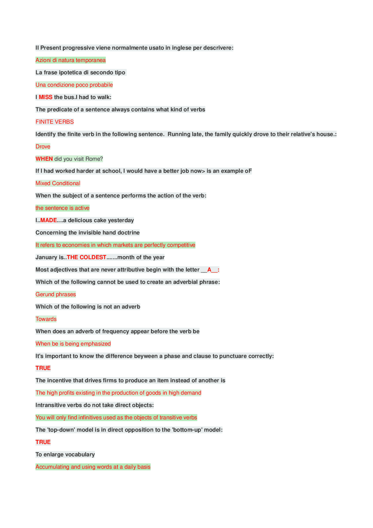 Test Di Inglese Livello 1 Test Dammissione Di Lingua Inglese Docsity