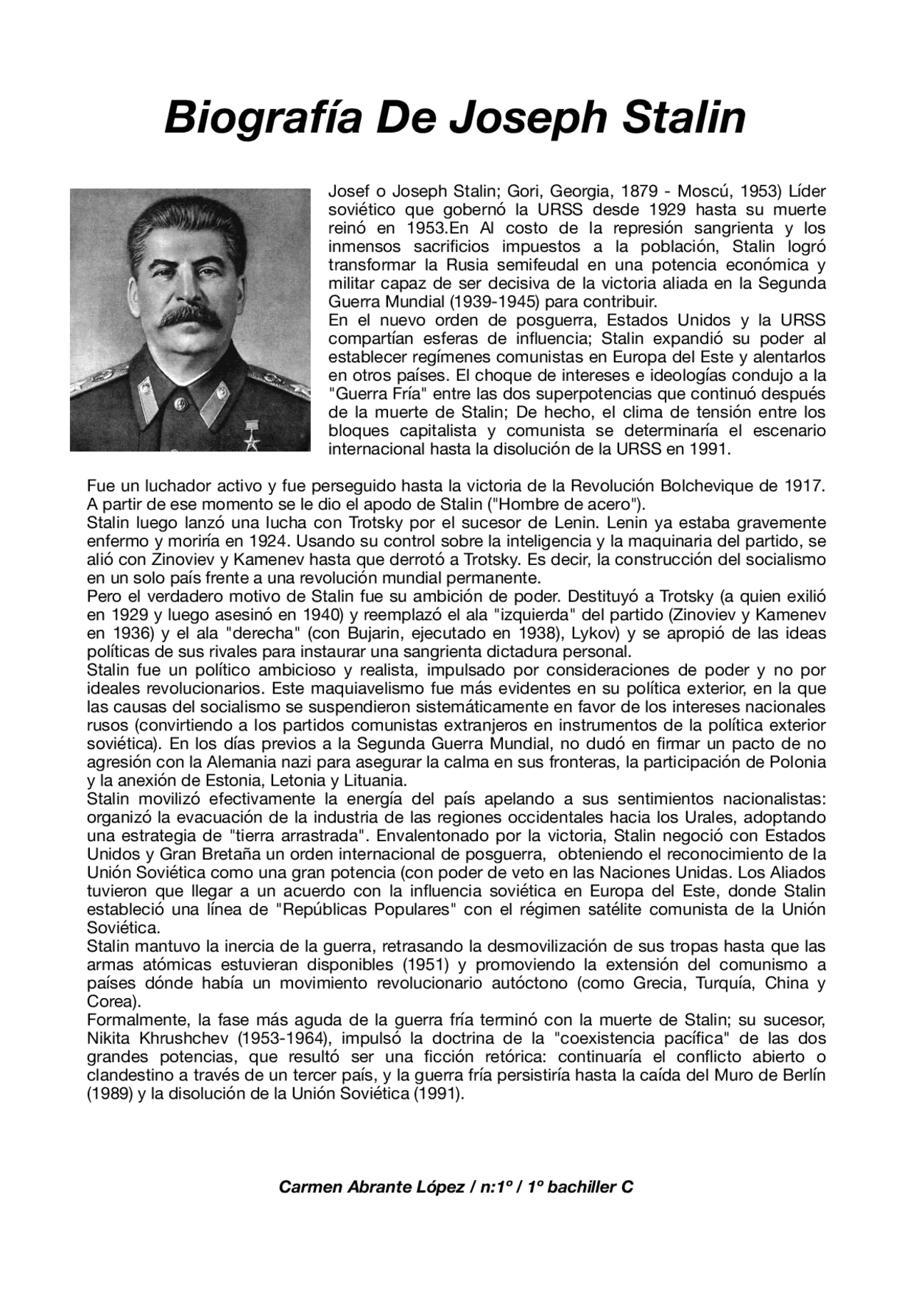 Biografía de Stalin, vida y todo sobre el | Resúmenes de Historia | Docsity