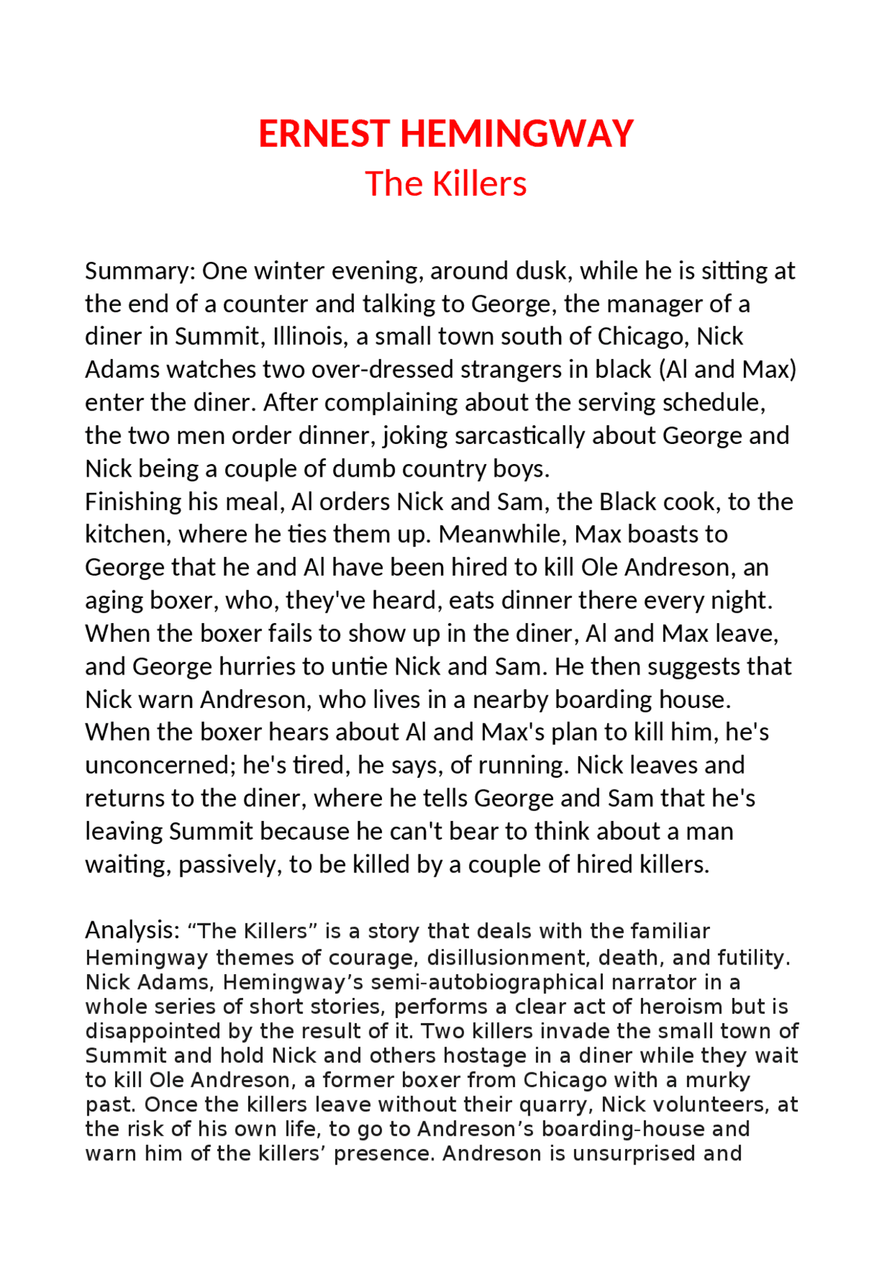 ERNESY HEMINGWAY THE KILLERS | Schemi e mappe concettuali di Lingua ...