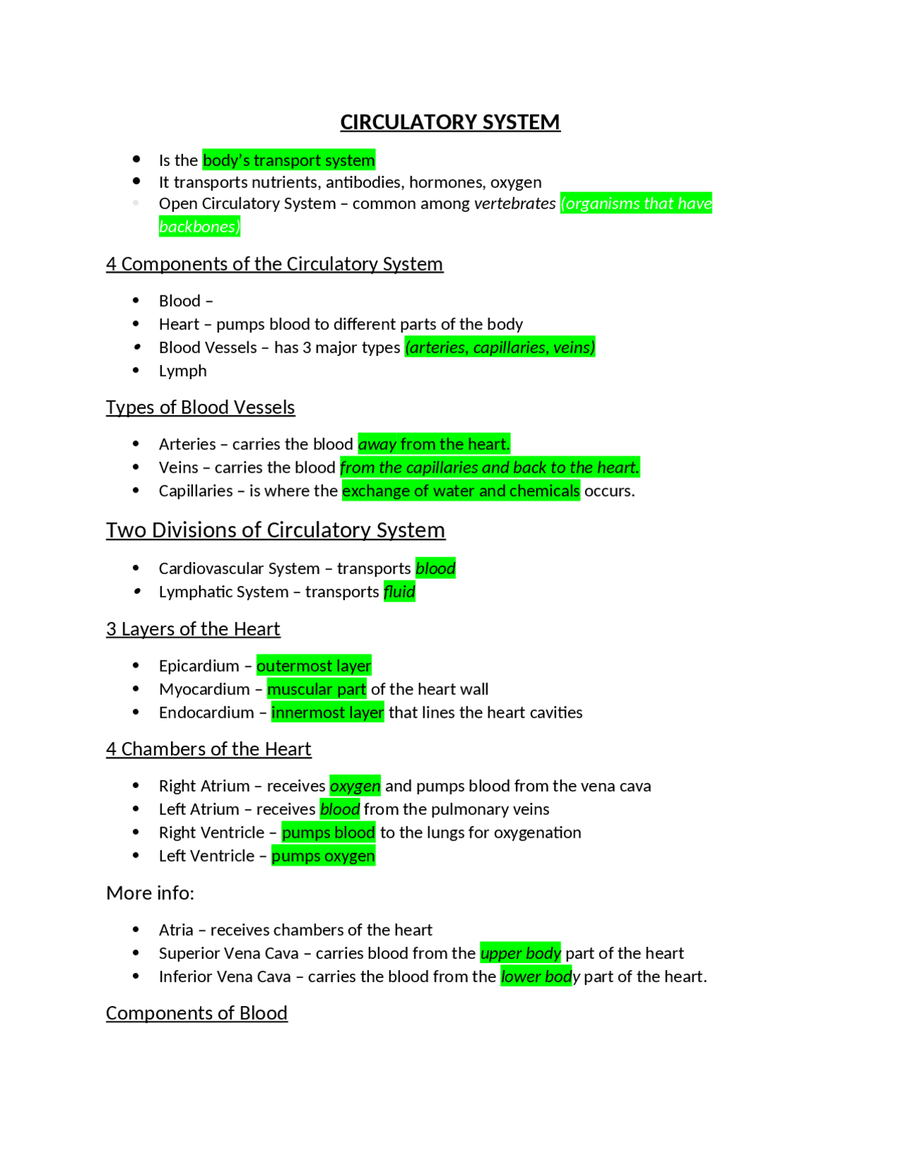 What Is A Circulatory System Lecture Notes Biology Docsity