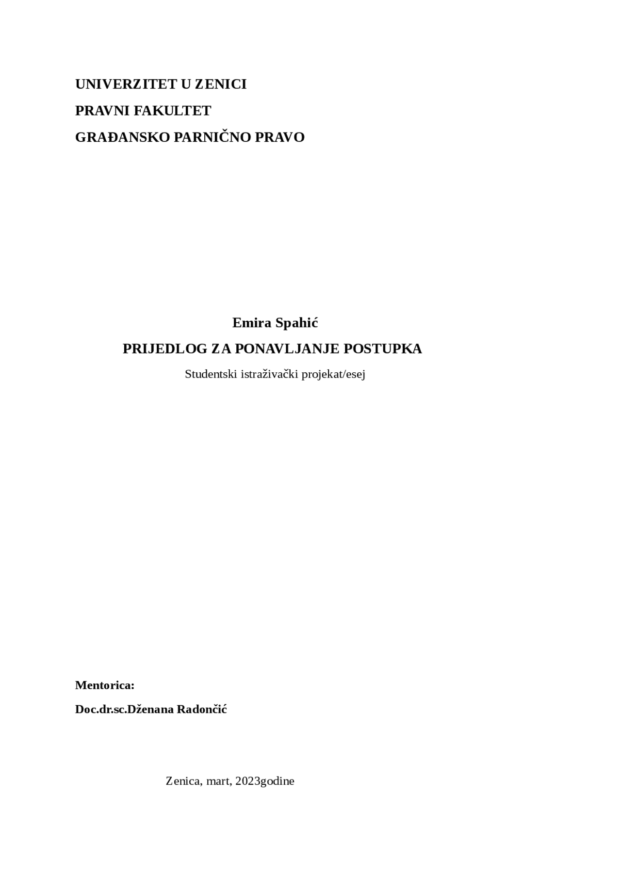 Građansko procesno pravo- prijedlog za ponavljanje postupka | Seminarski radovi' predlog ...
