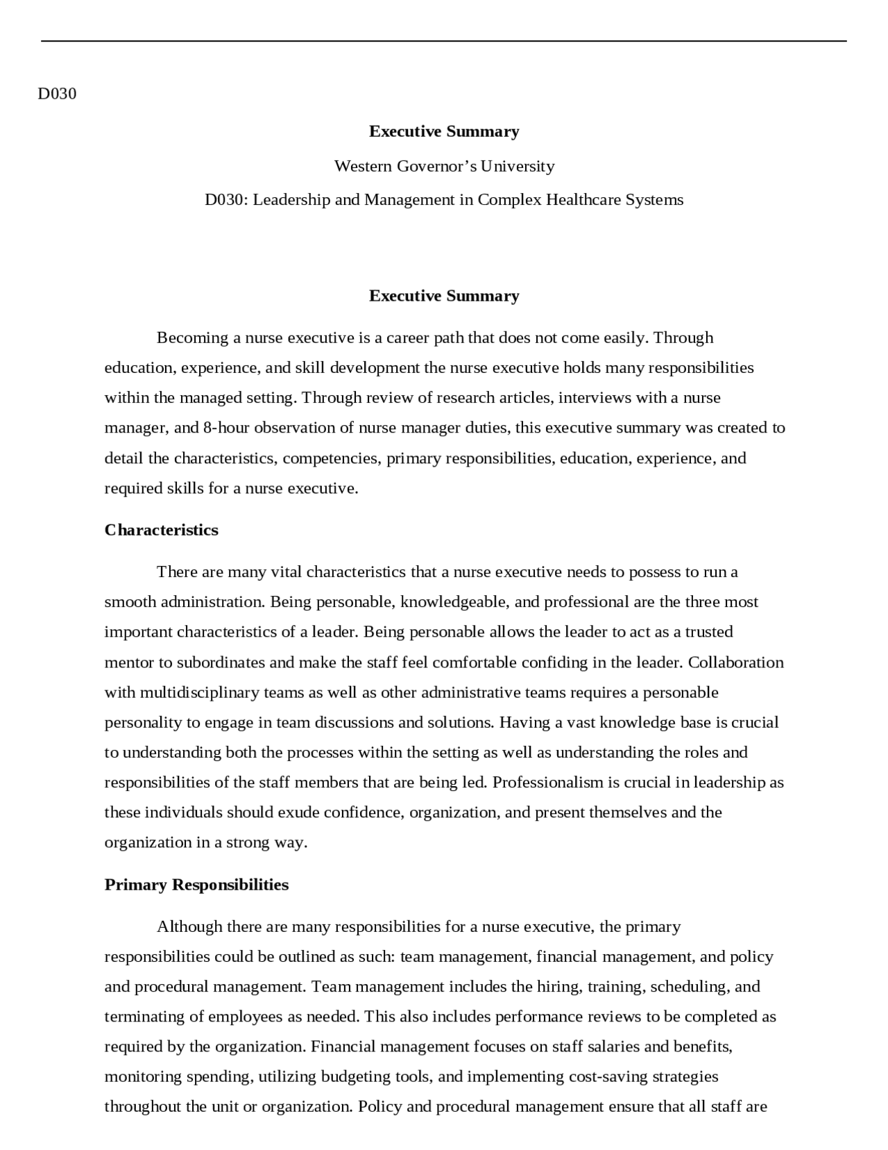 D030 Executive Summary Leadership and Management in Complex Healthcare ...