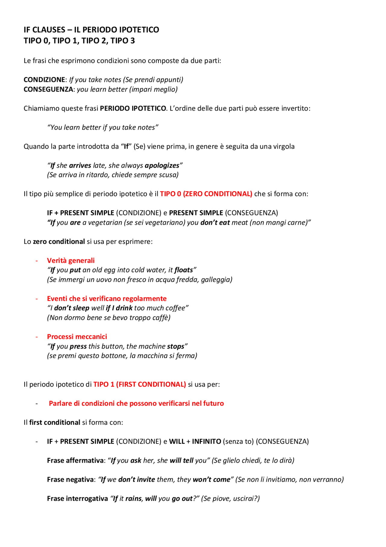 IF CLAUSES – IL PERIODO IPOTETICO TIPO 0, TIPO 1, TIPO 2, TIPO 3 ...