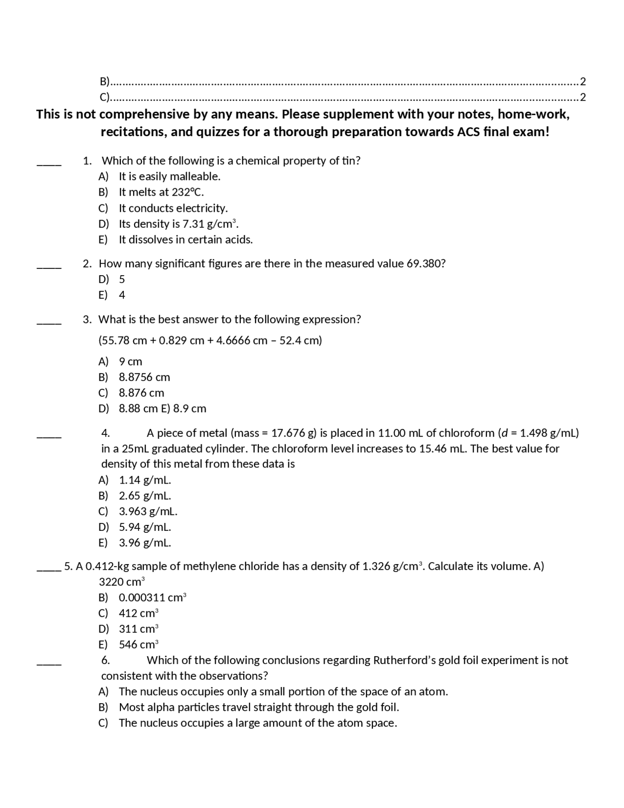Final Exam Review: CHEM 1411 2023 | Exams Nursing | Docsity