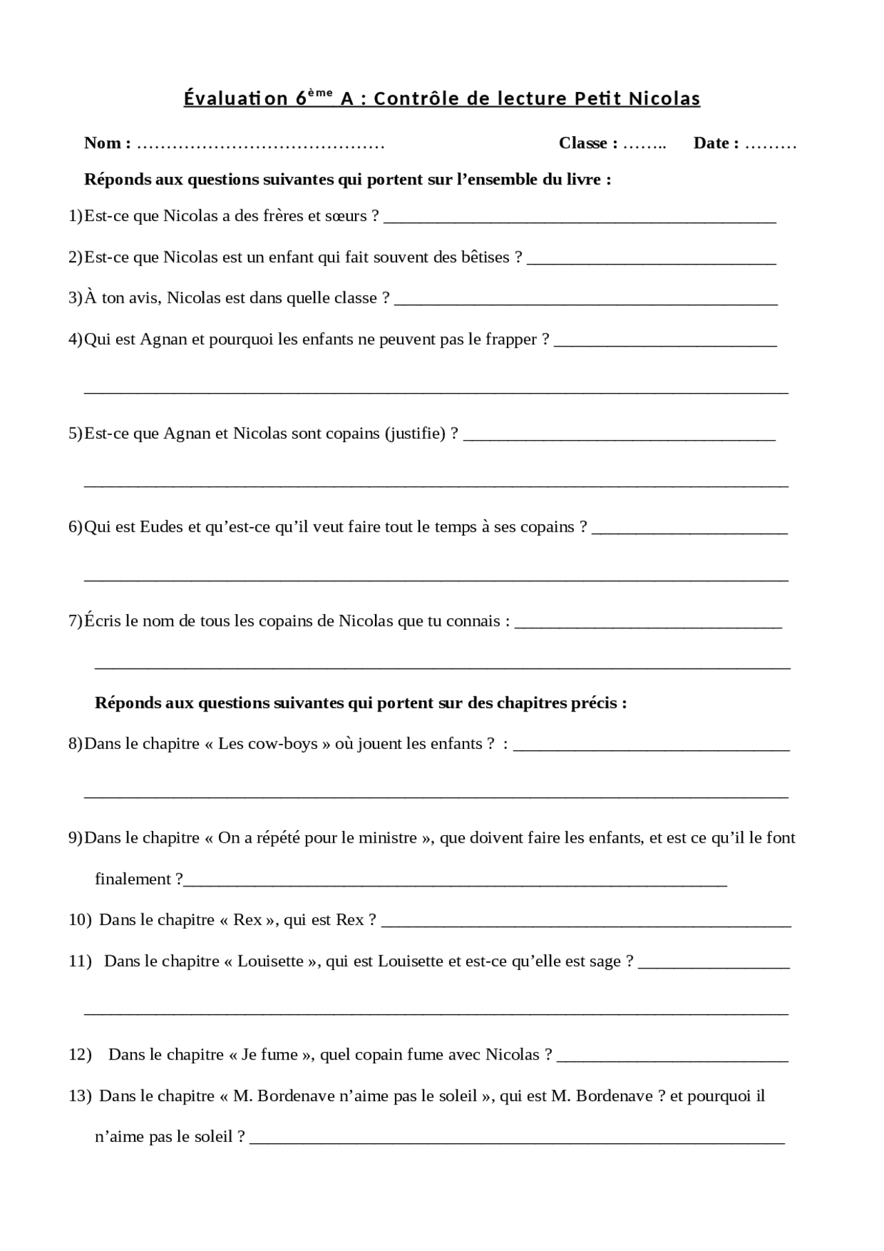 Evaluación du petit nicolas | Exams French | Docsity