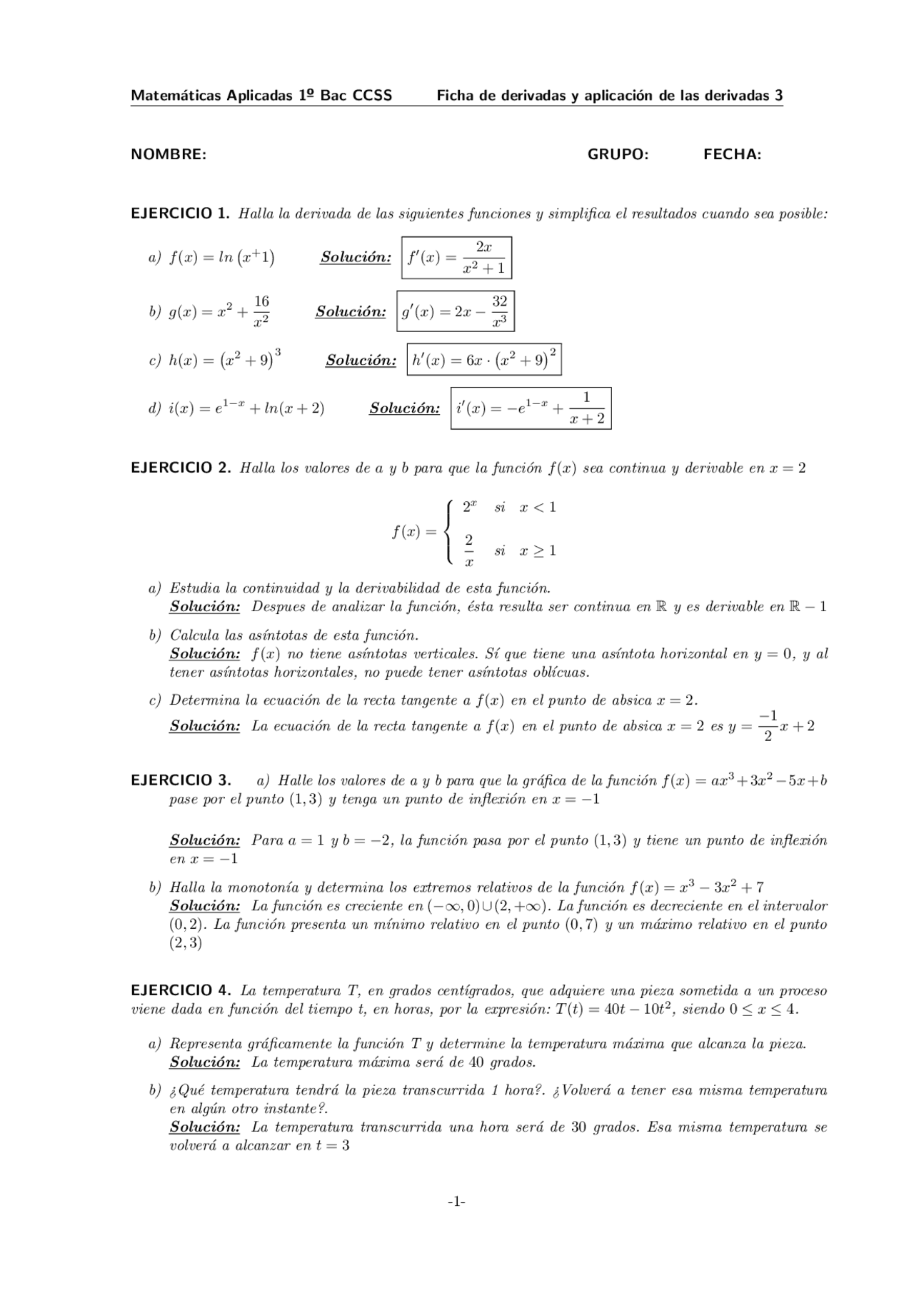 Ejercicios de derivadas y sus aplicaciones | Ejercicios de Matemáticas aplicadas a las Ciencias ...
