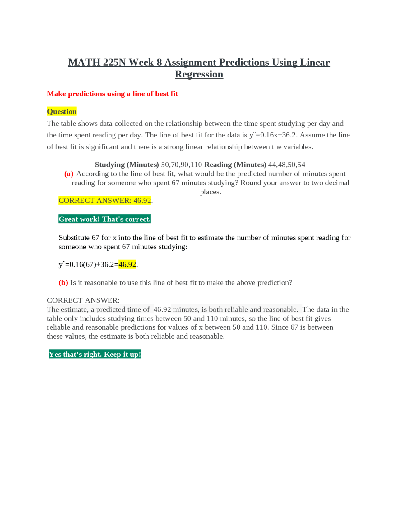 Math 225n Week 8 Assignment Predictions Using Linear Regression Exams
