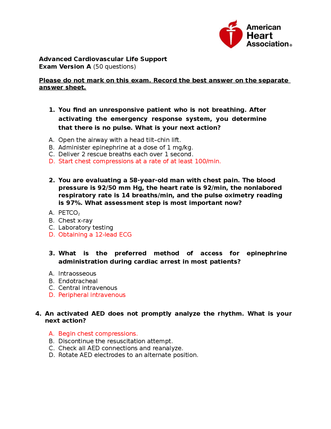 Advanced Cardiovascular Life Support Questions And Answers Exams Nursing Docsity