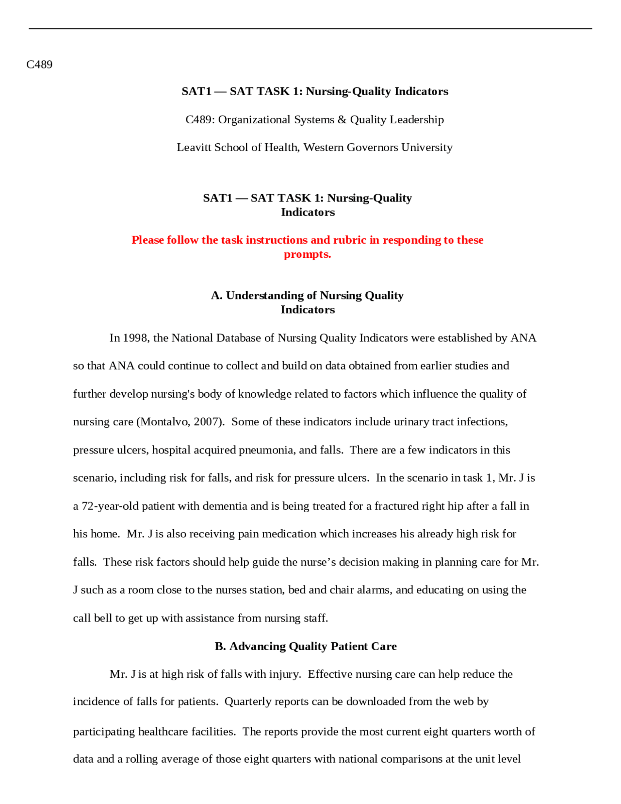 C489 SAT1 — SAT TASK 1: Nursing-Quality Indicators C489: Organizational ...