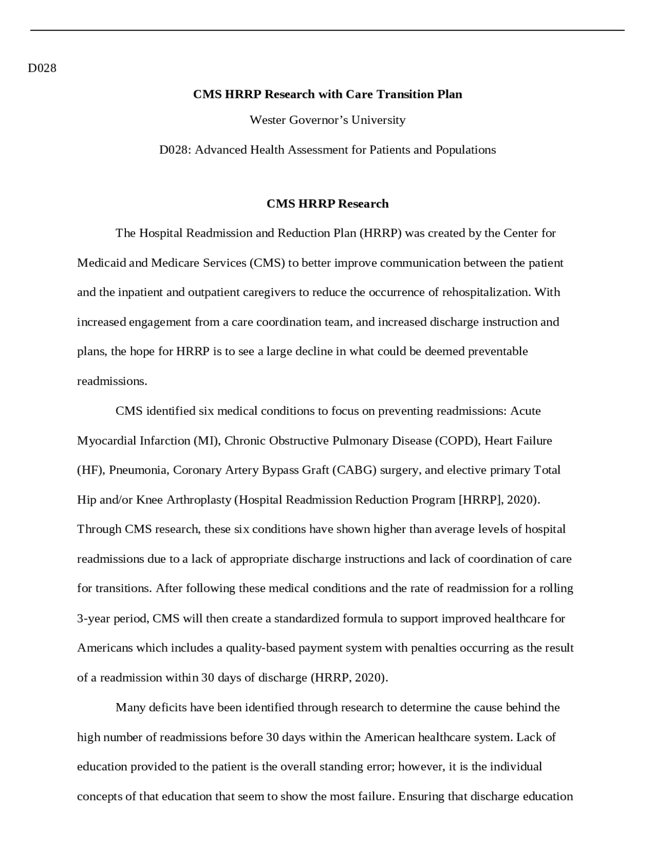 D028 CMS HRRP Research with Care Transition Plan D028: Advanced Health ...