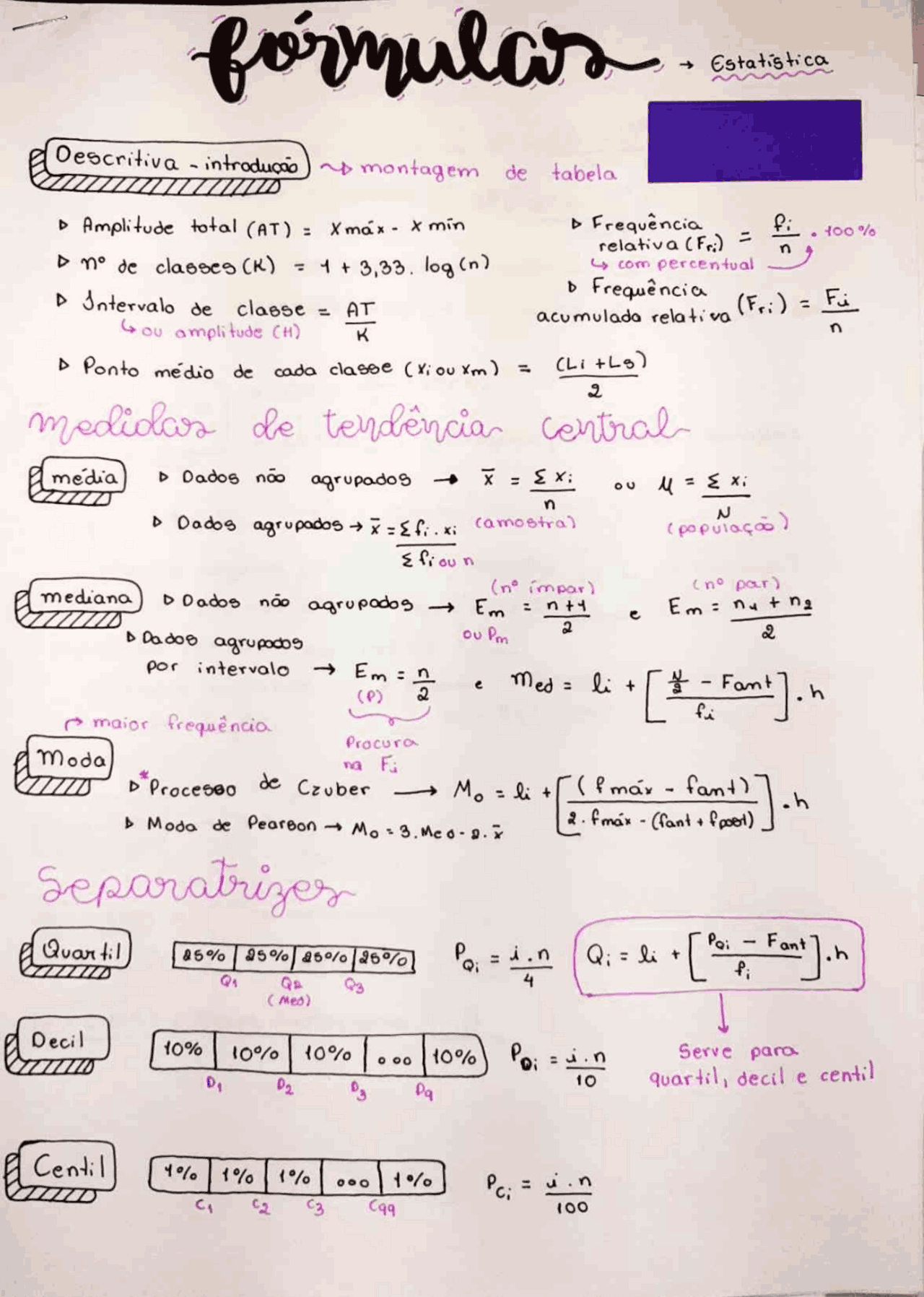 Fórmulas de estatística | Resumos Estatística | Docsity