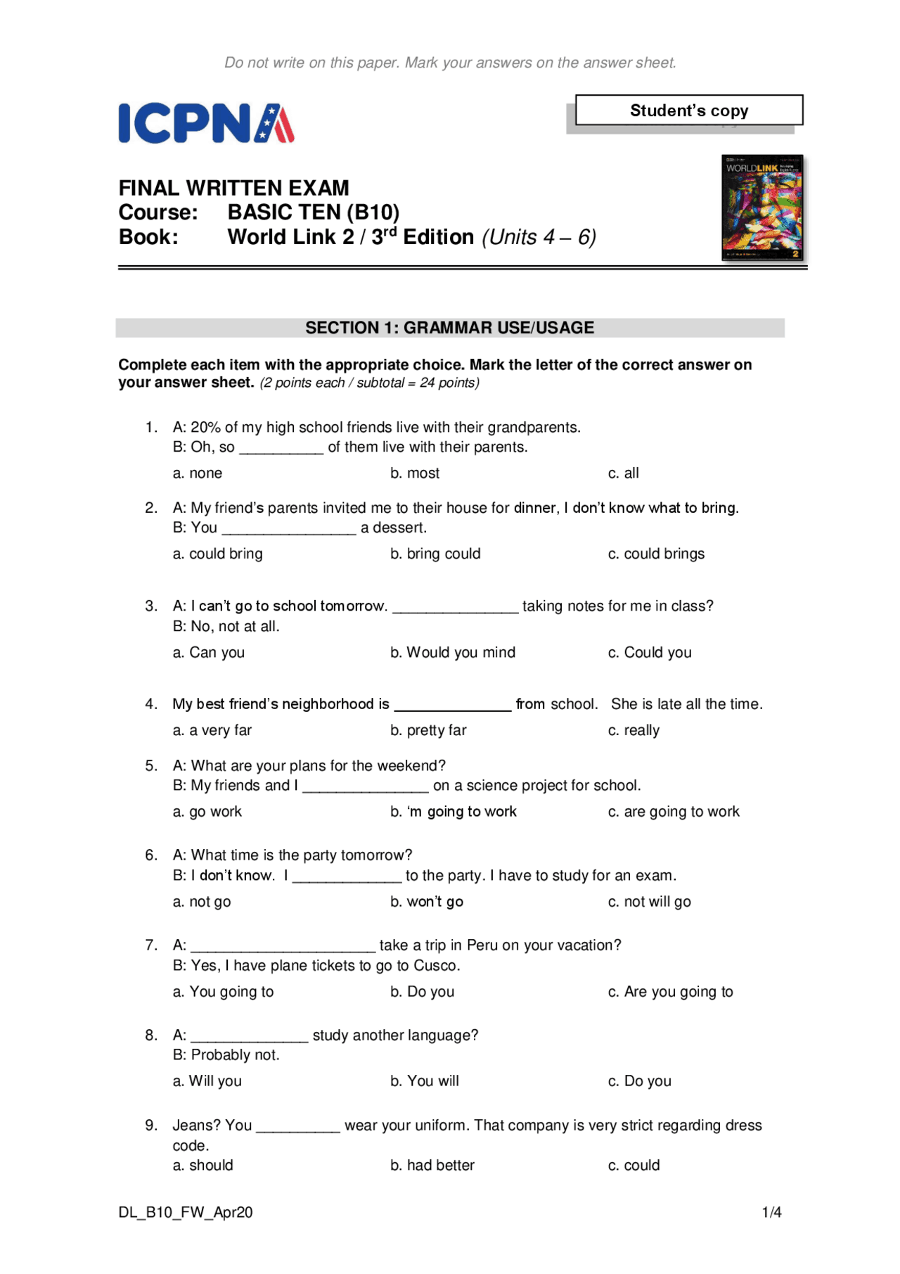 B10_final_written_exam_1.pdf | Exámenes de Inglés | Docsity