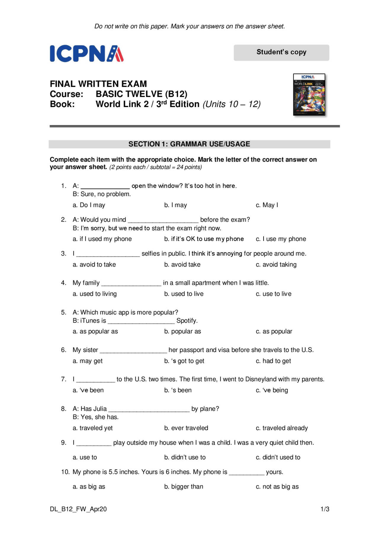 B12_final_written_exam_2.pdf | Exámenes de Inglés | Docsity