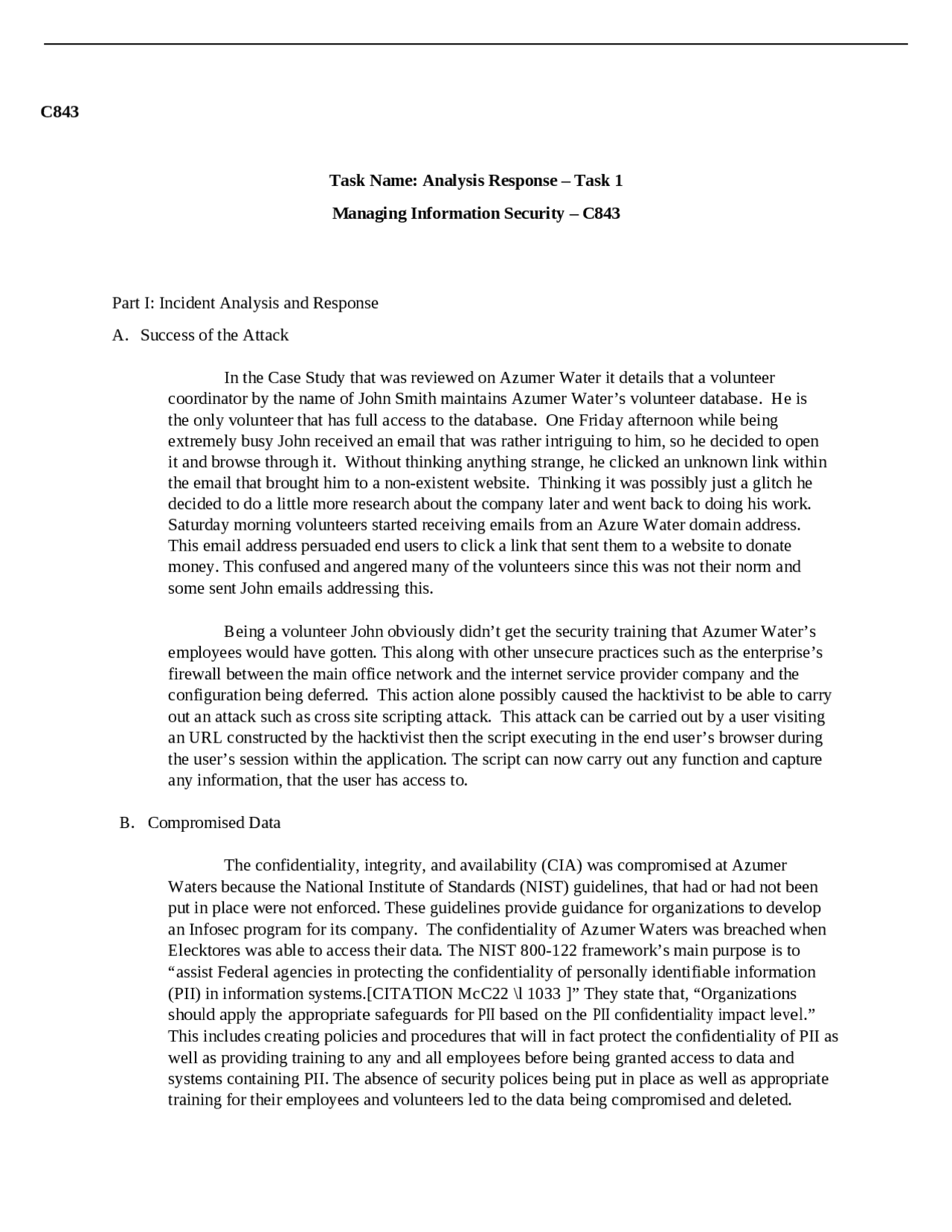 C843 Task Name: Analysis Response – Task 1 Managing Information Security – C843 | Essays ...