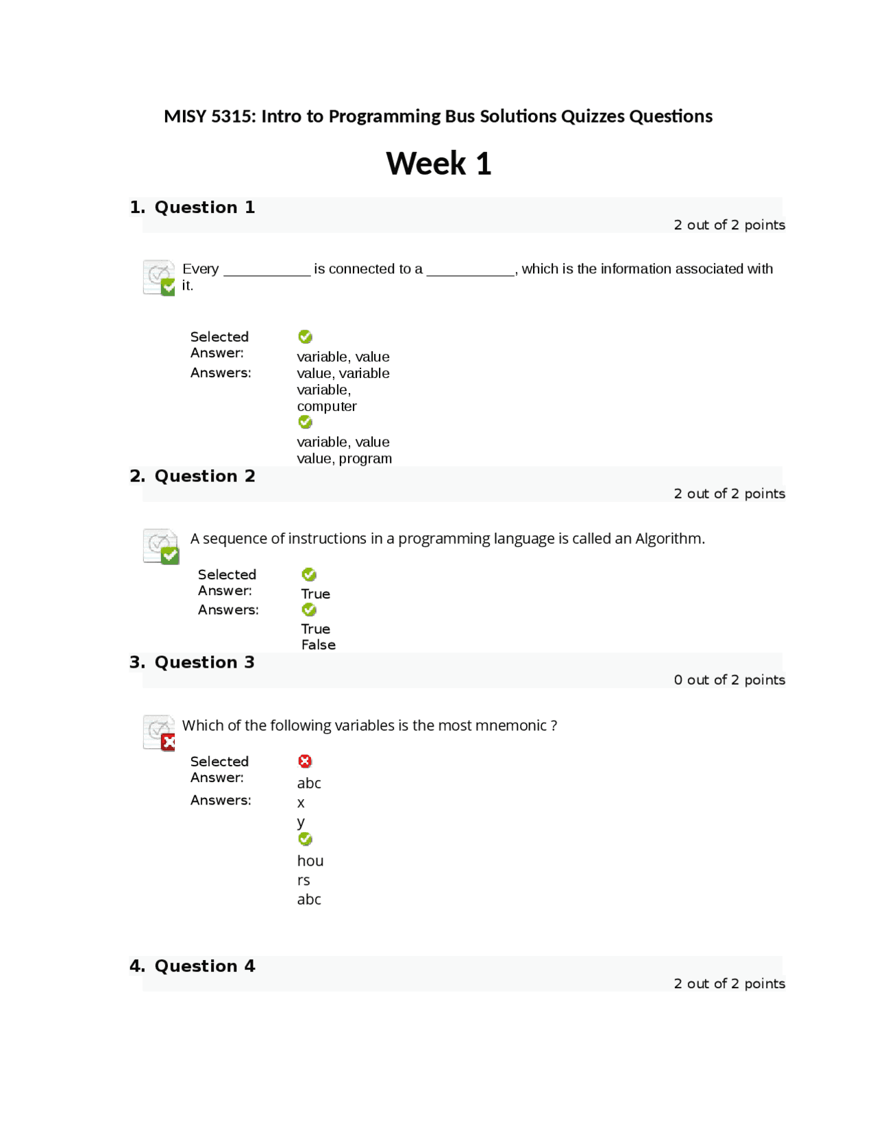 Misy 5315 Intro To Programming Bus Solutions Quizzes Questions Exams Computer Programming