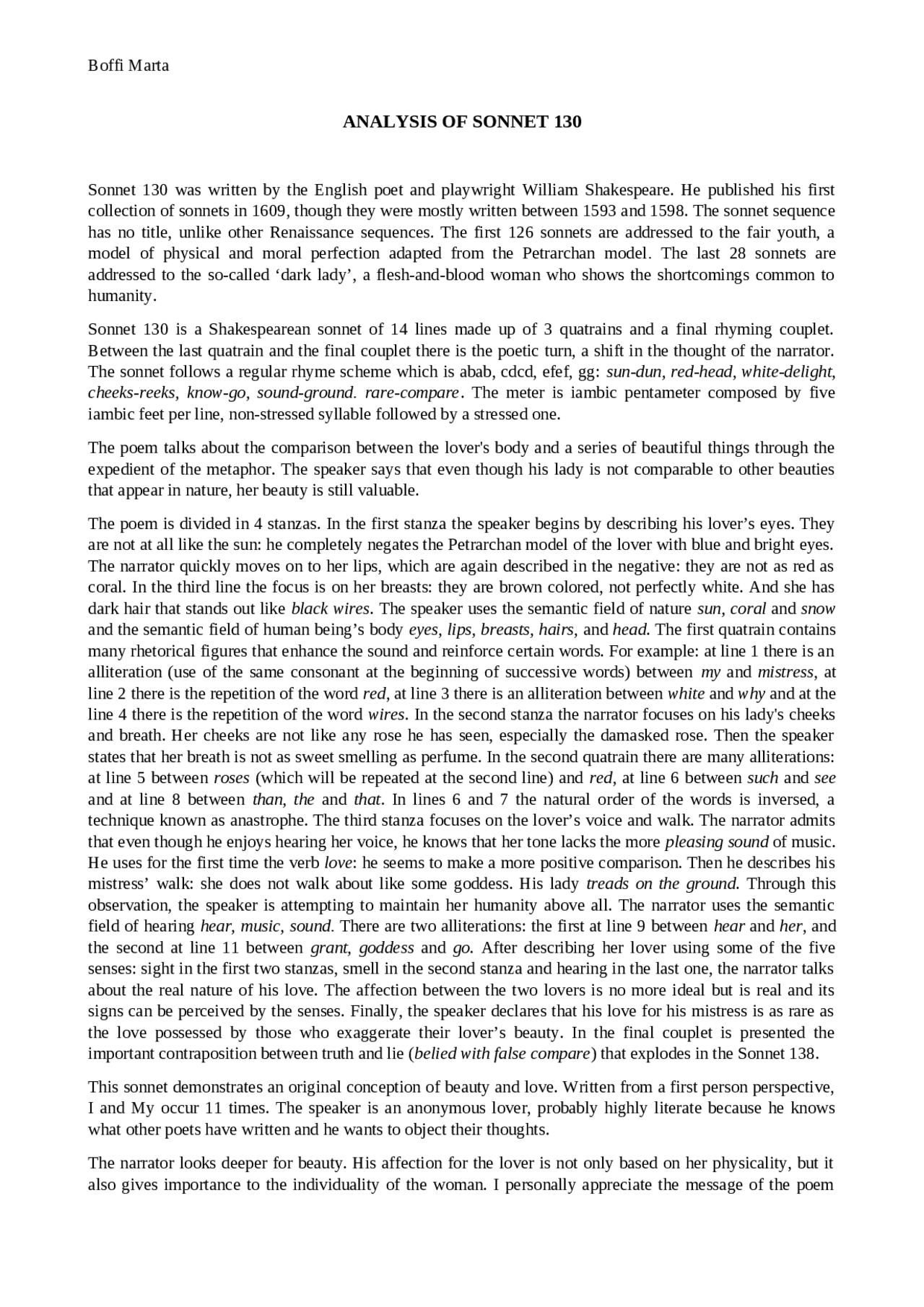 Analysis Of Sonnet 130 William Shakespeare Appunti Di Inglese Docsity