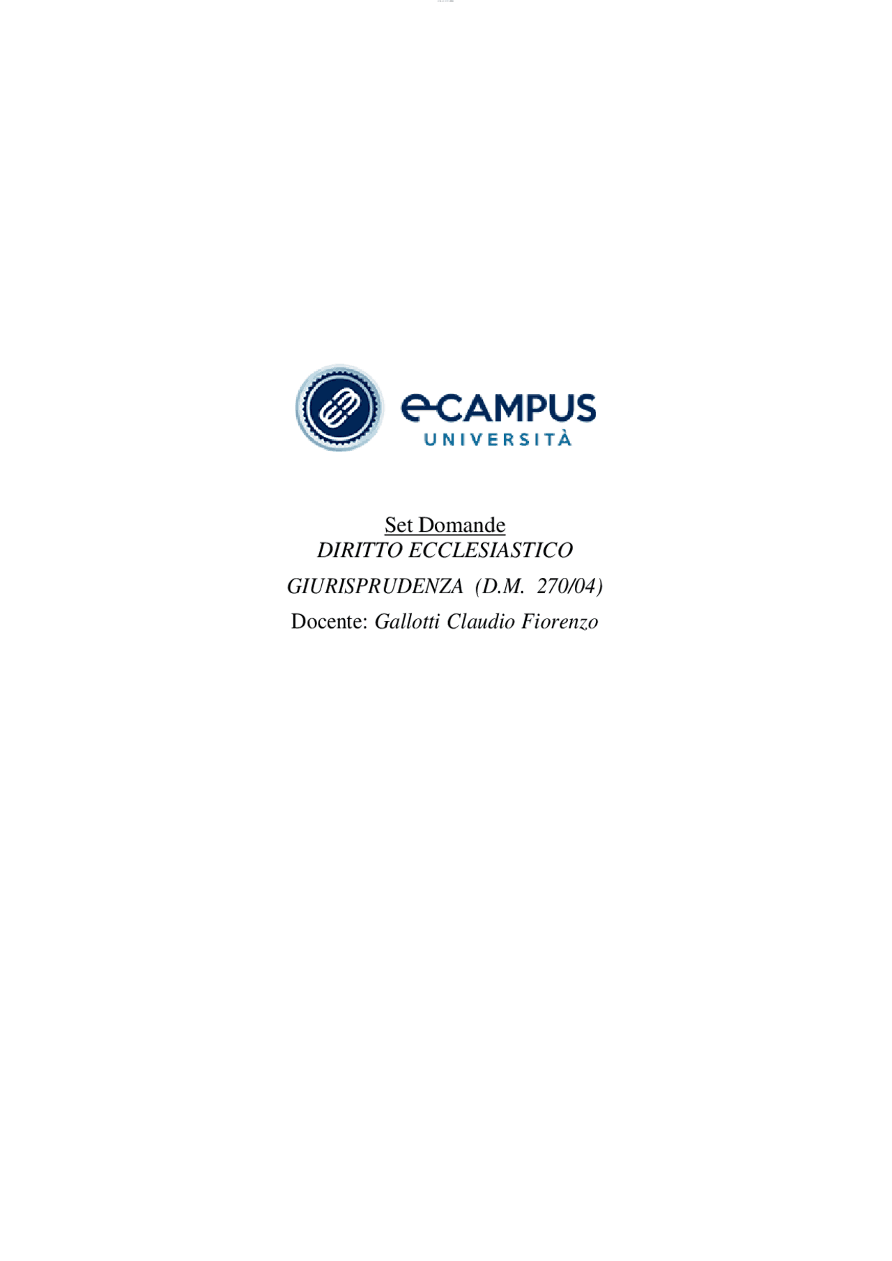 Paniere Completo Domande Chiuse E Aperte Diritto Ecclesiastico Prof