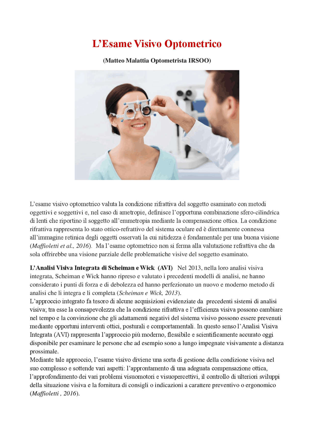 Esame della vista in optometria | Appunti di Anatomia | Docsity