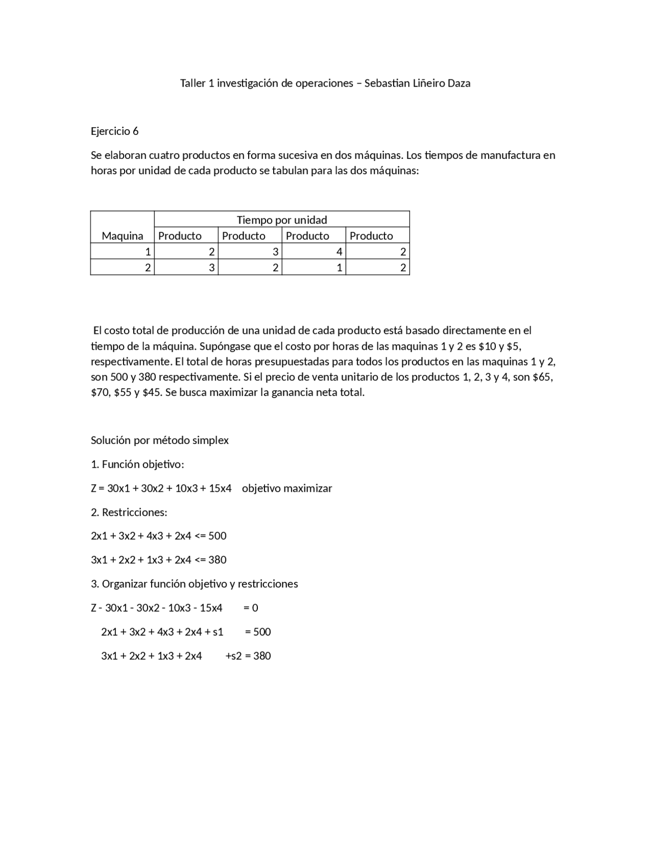 Ejercicio 1 metodo simplex maximizar | Ejercicios de Investigación de Operaciones | Docsity