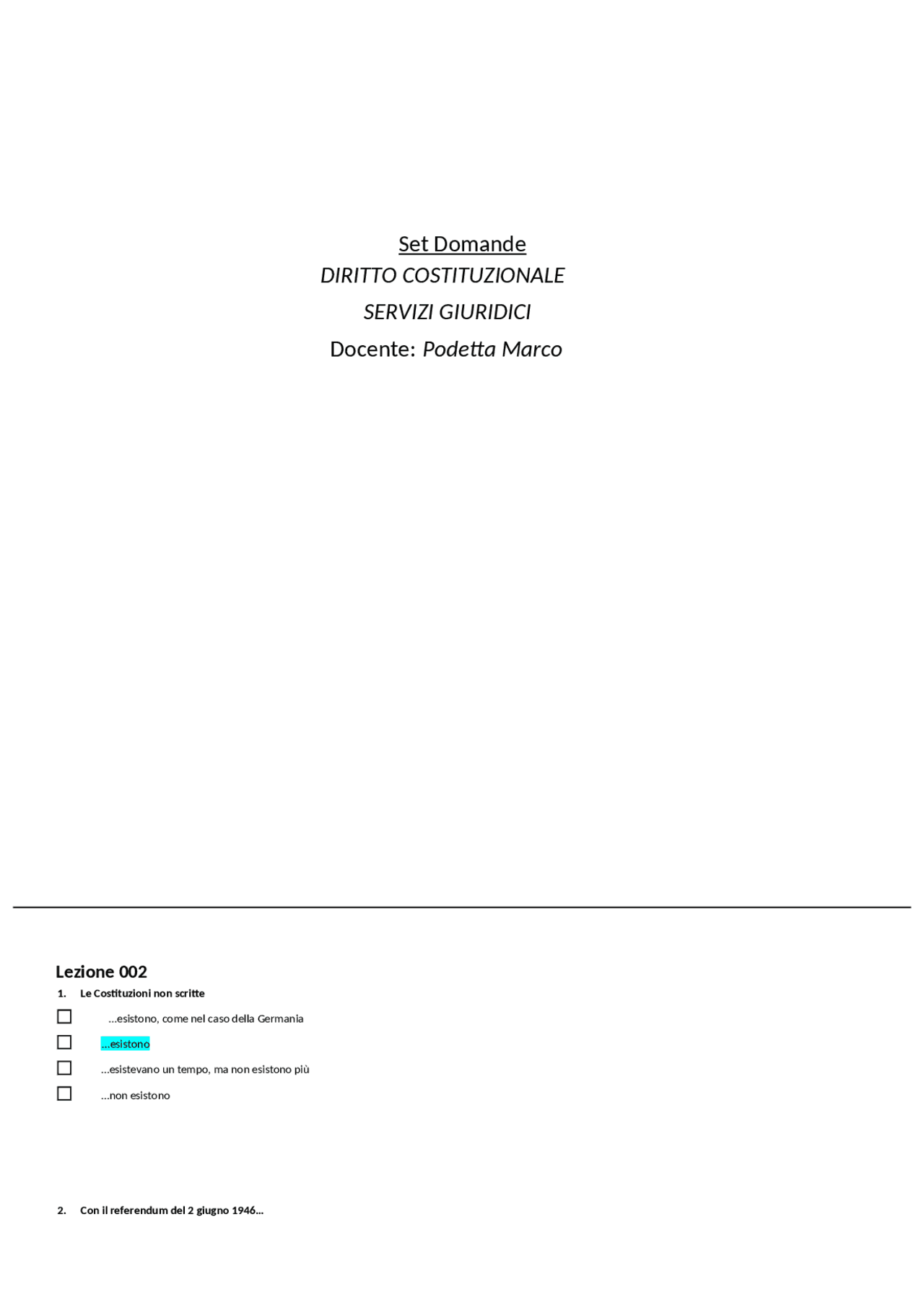 PANIERE RISPOSTE CHIUSE DIRITTO COSTITUZIONALE | Panieri di Diritto Costituzionale | Docsity