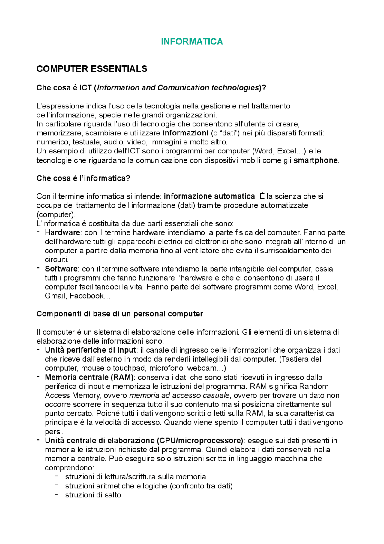 Appunti Informatica 2 Cfu Appunti Di Elementi Di Informatica Docsity
