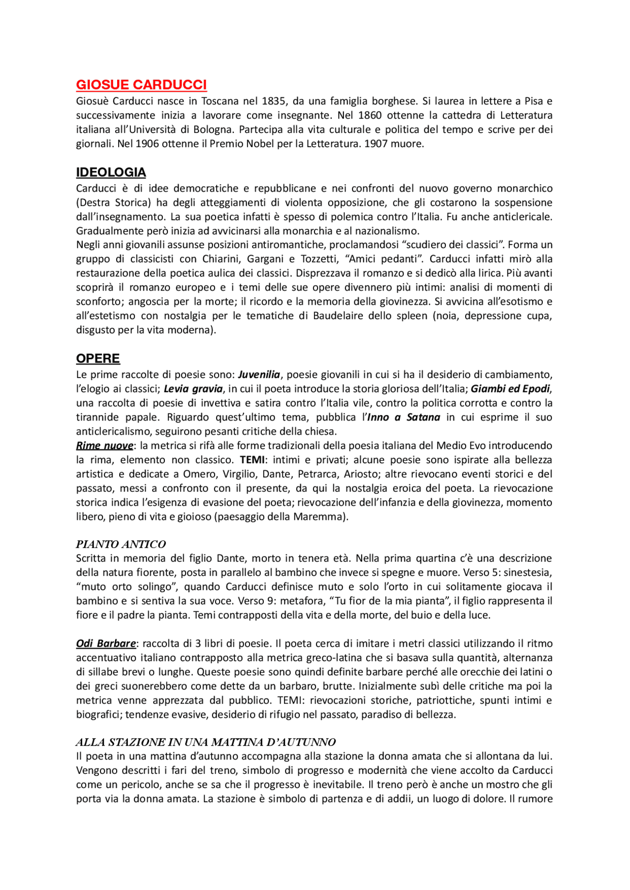 Vita e opere di Giosuè Carducci | Appunti di Italiano | Docsity