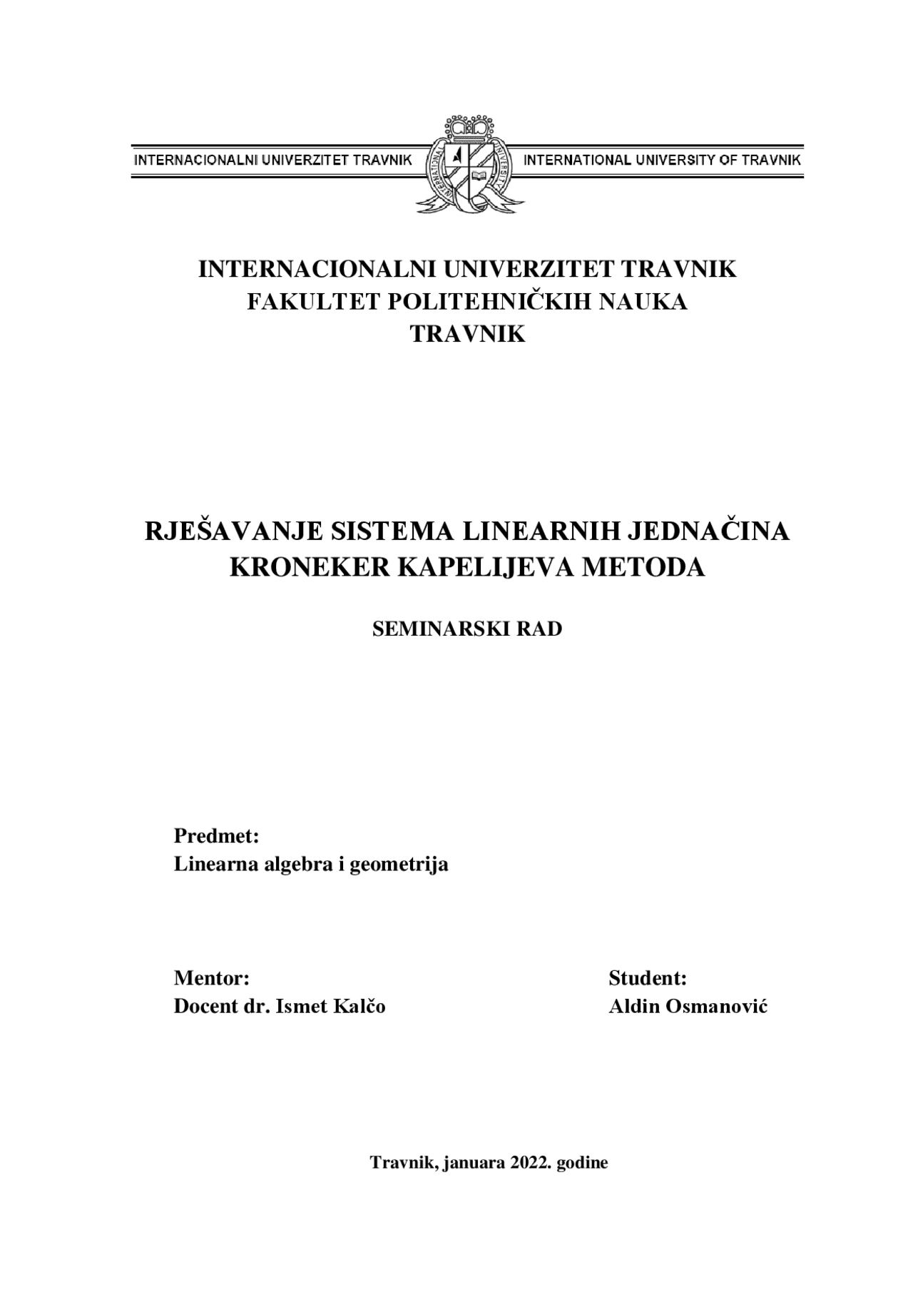 RJEŠAVANJE SISTEMA LINEARNIH JEDNAČINA-KRONEKER KAPELIJEVA METODA ...