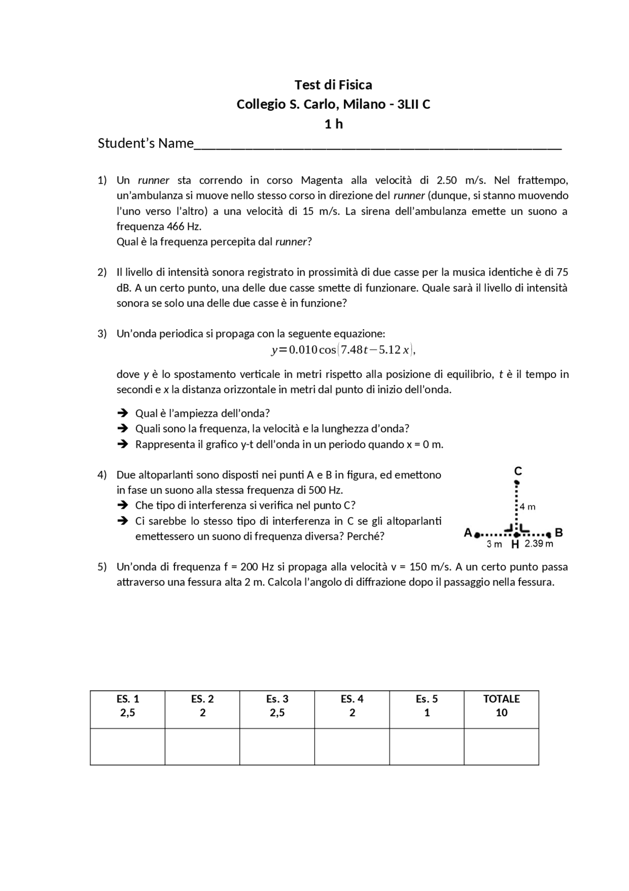 Esercizi di fisica sulle onde (luce e suono) | Esercizi di Fisica | Docsity