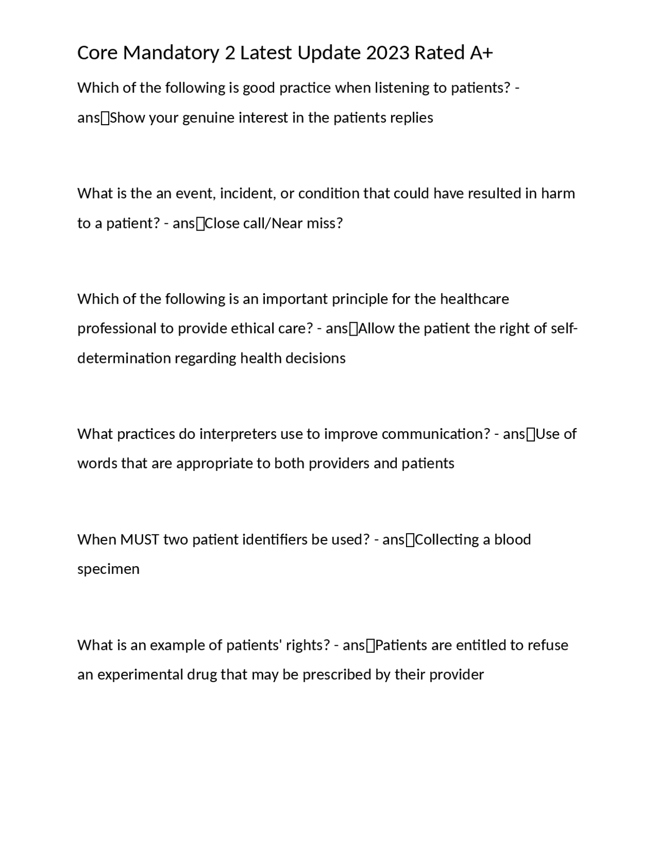 Core Mandatory 2 Latest Update 2023 Rated A Exams Nursing Docsity