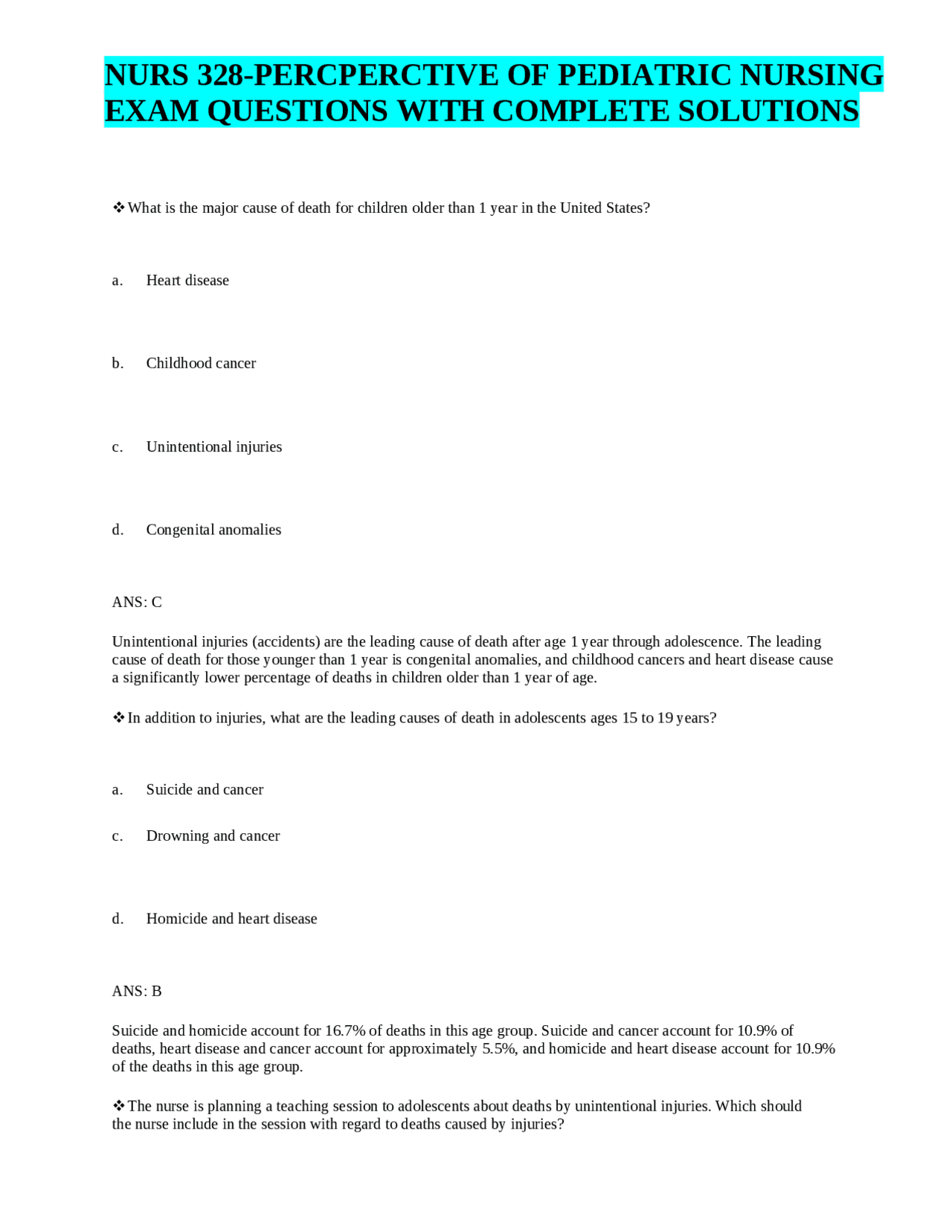 Pediatric Nursing Exam Questions with Solutions | Exams Nursing | Docsity