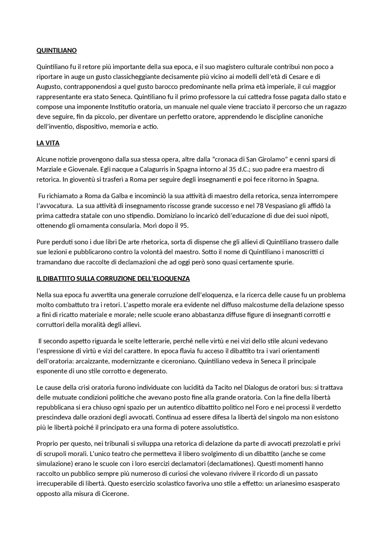 Quintiliano - latino 5 anno | Appunti di Latino | Docsity