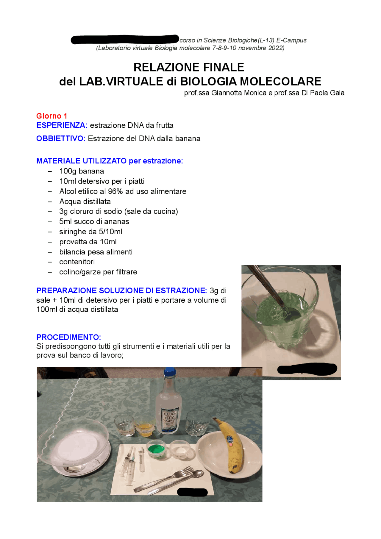 Relazione finale laboratorio biologia molecolare | Prove d'esame di Biologia Molecolare | Docsity