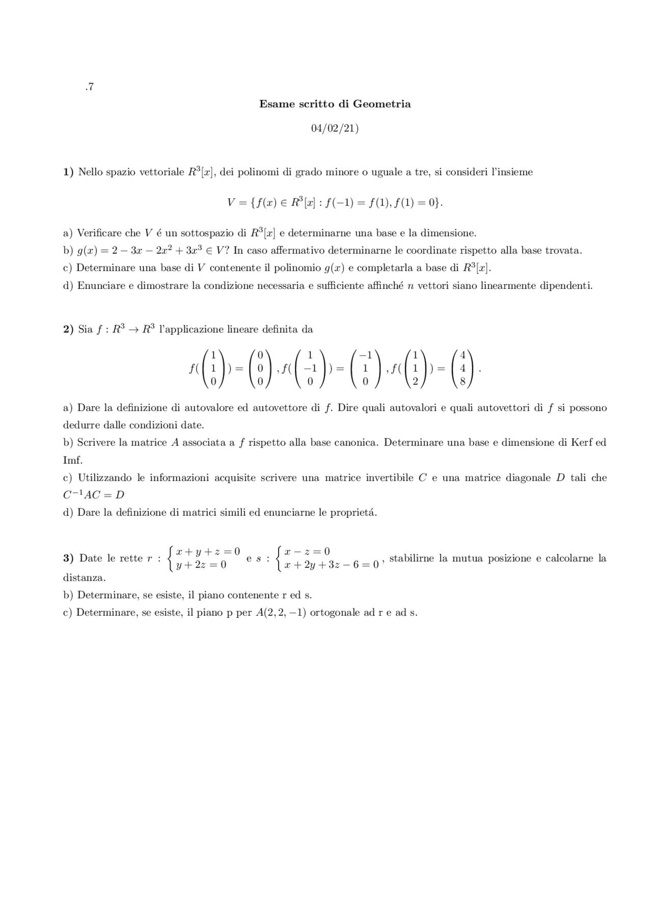Esercizi E Appunti Geometria Esame Esercizi Di Geometria Docsity