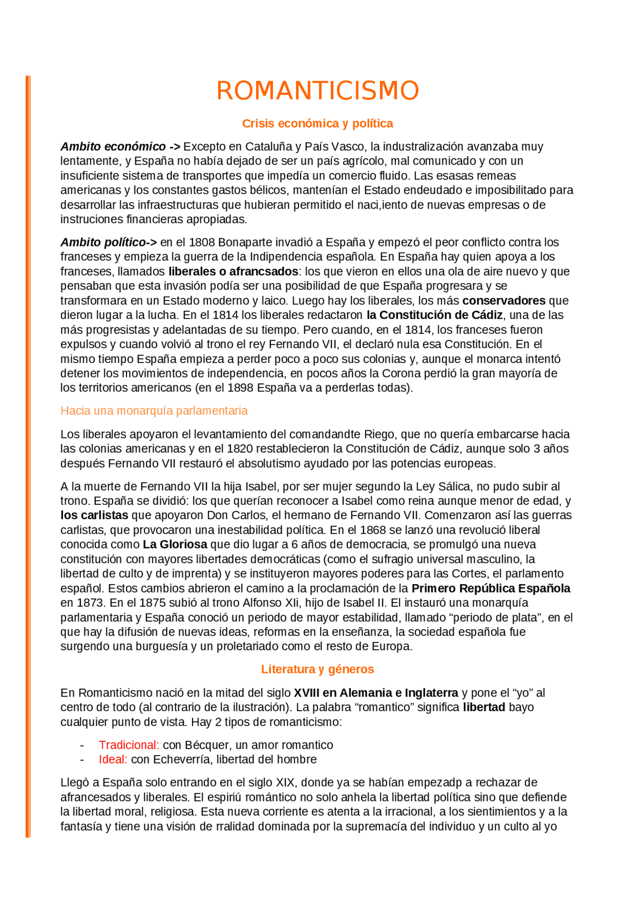 El Romanticismo: historia y literatura | Appunti di Spagnolo | Docsity