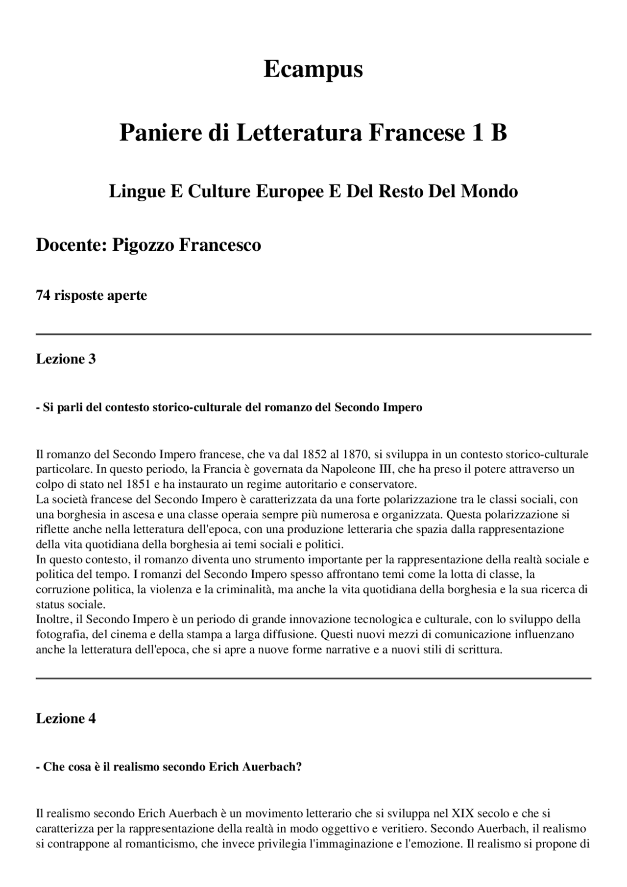 Letteratura Francese 1 B Domande Aperte Con Risposta Panieri Di