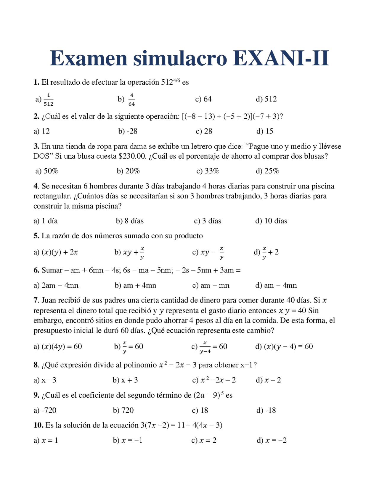 Examen simulacro EXANI-II - Super Chevere | Exámenes selectividad de Matemáticas | Docsity