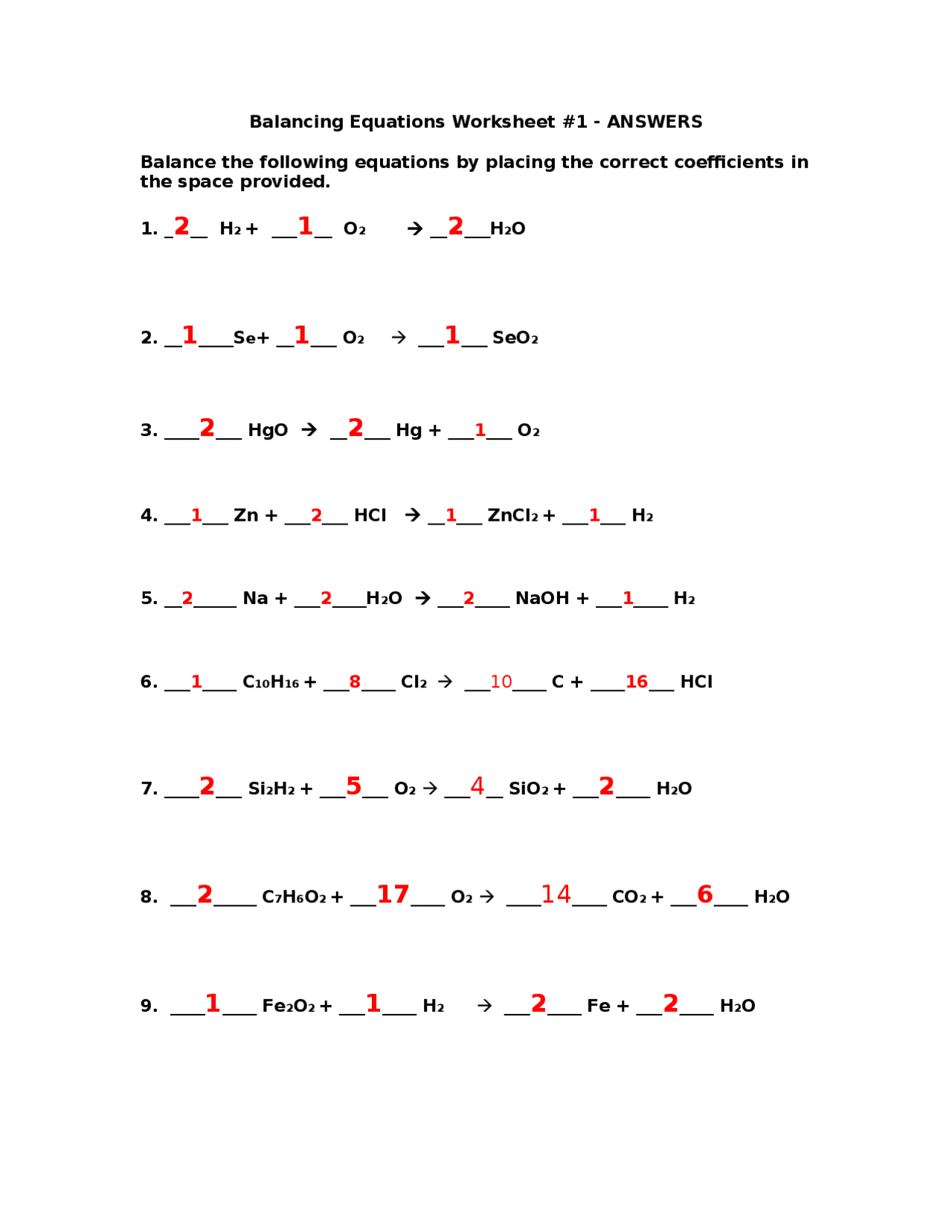 balancing equations pdf | Assignments Chemistry | Docsity