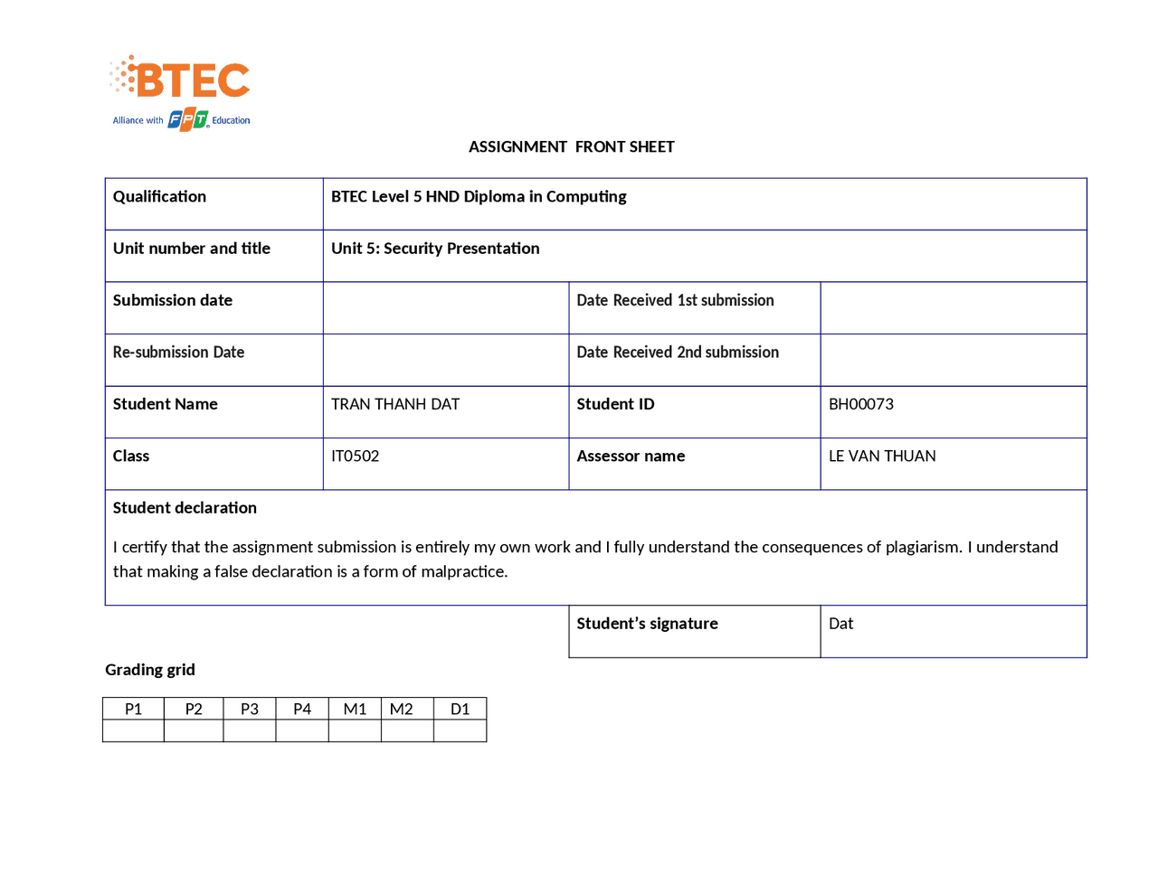 Security Assignment 1 Frontsheet Exercises Information Technology