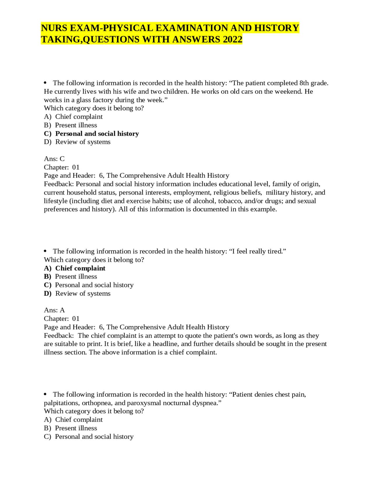 NURS EXAM-PHYSICAL EXAMINATION AND HISTORY TAKING,QUESTIONS WITH ...