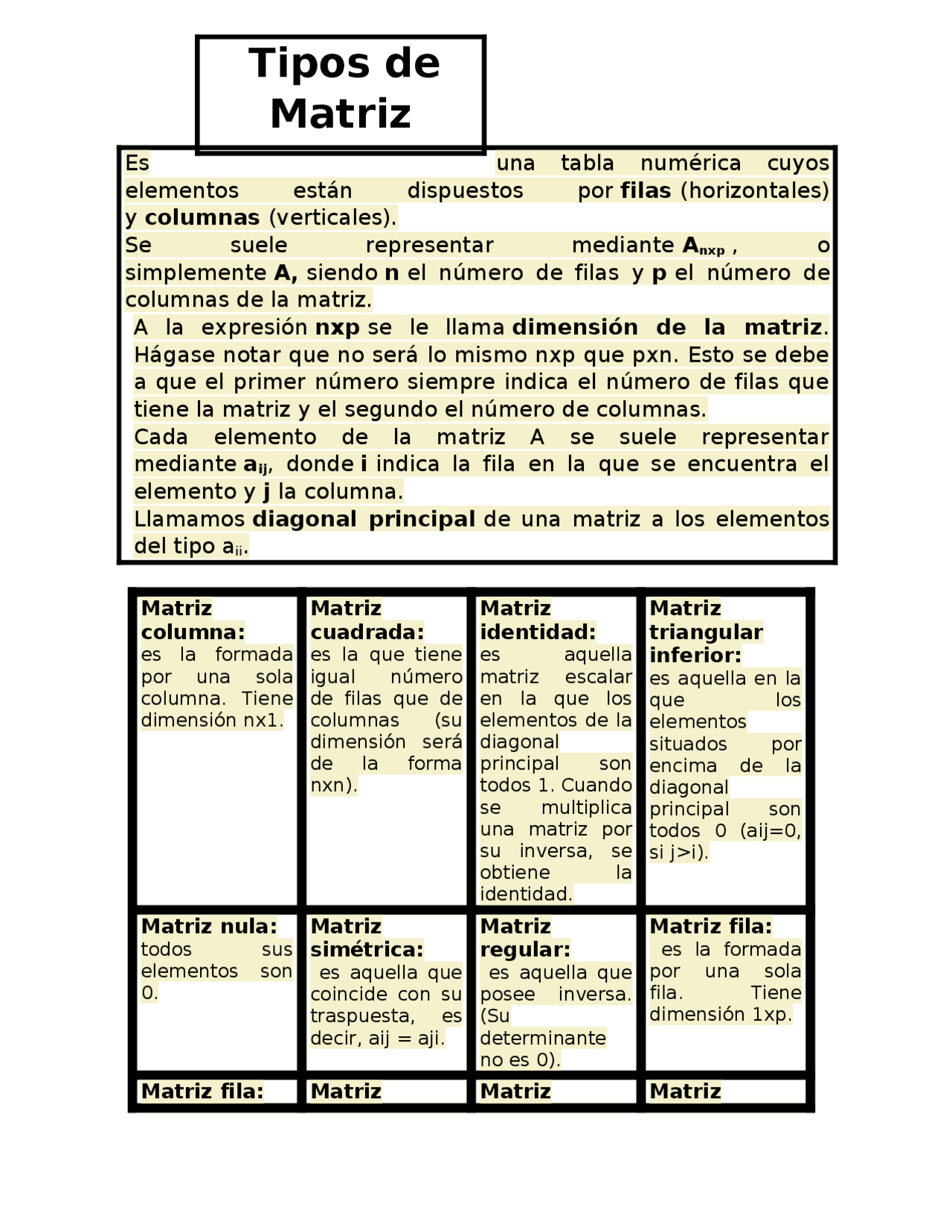 Tipos de matriz matemáticas | Transcripciones de Matemáticas | Docsity