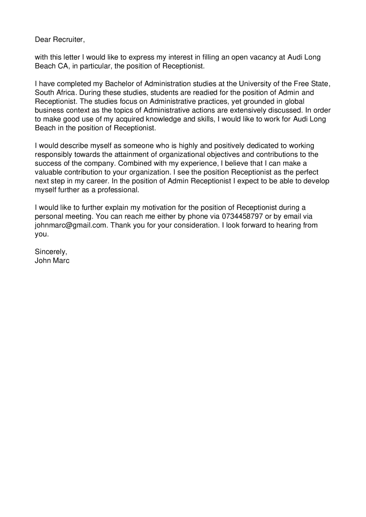 Cover Letter Template | Summaries English Literature | Docsity